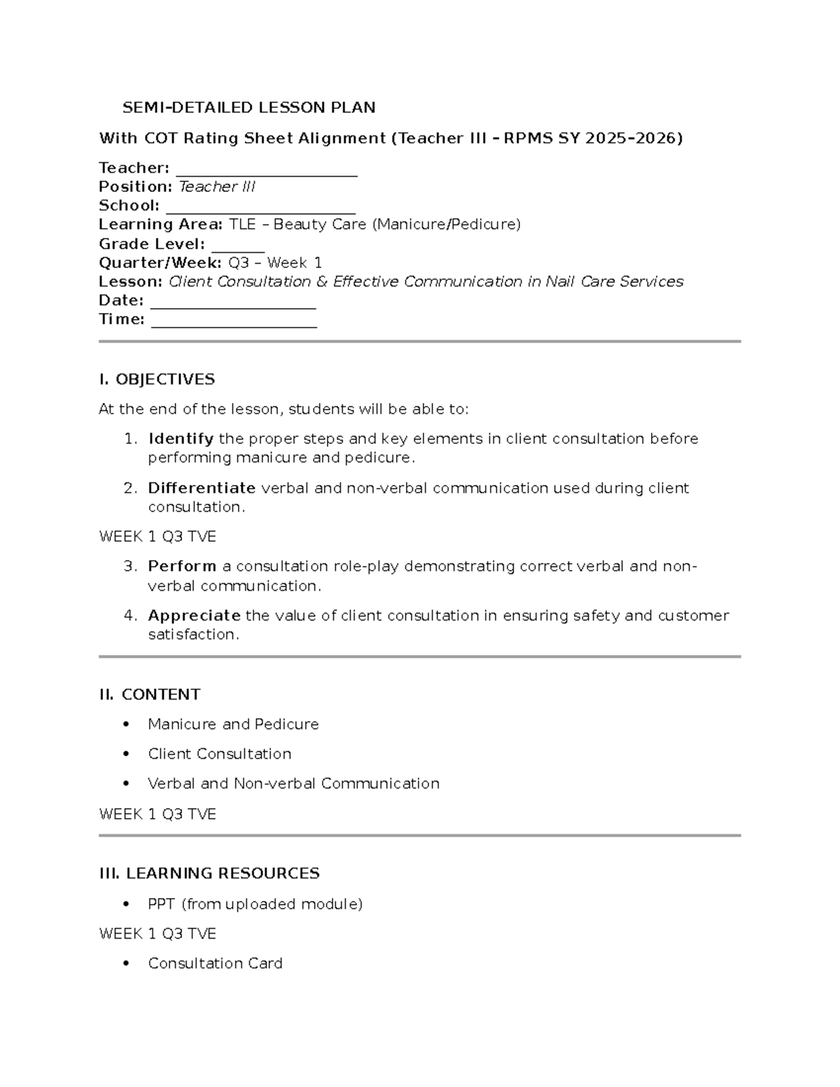 COT 1 BC 9 3RD QTR - Lesson Plan for Client Consultation in Nail Care ...