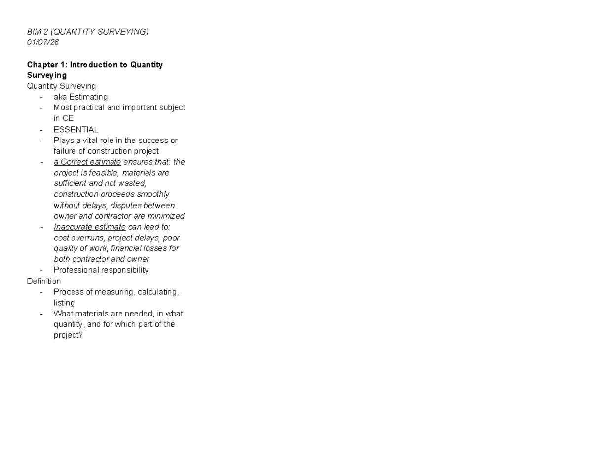 BIM 2 (QUANTITY SURVEYING) Chapter 1: Intro to Estimating Essentials ...