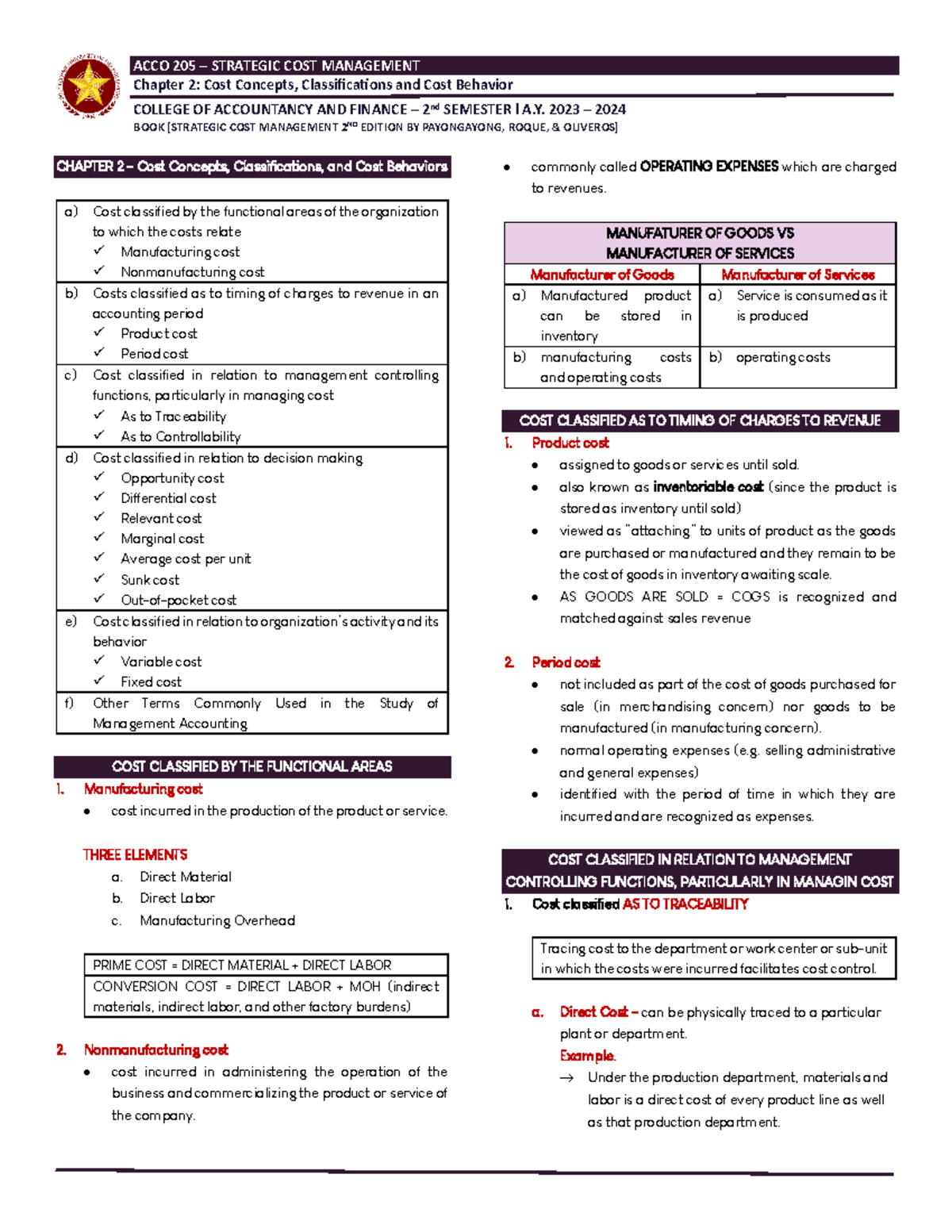 ACCO205 Strategic Cost Management Chapter 2 Lecture Notes Overview ...