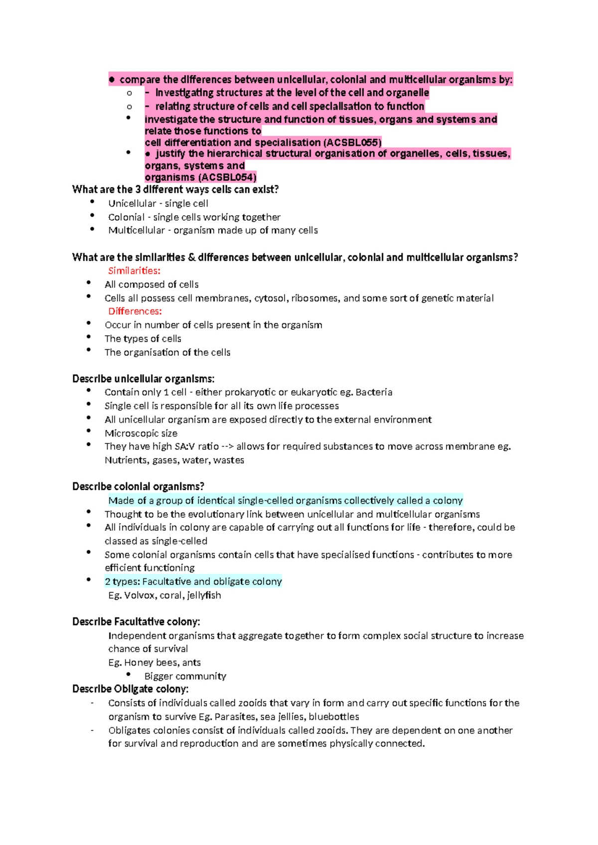 Module 2 notes - compare the differences between unicellular, colonial ...