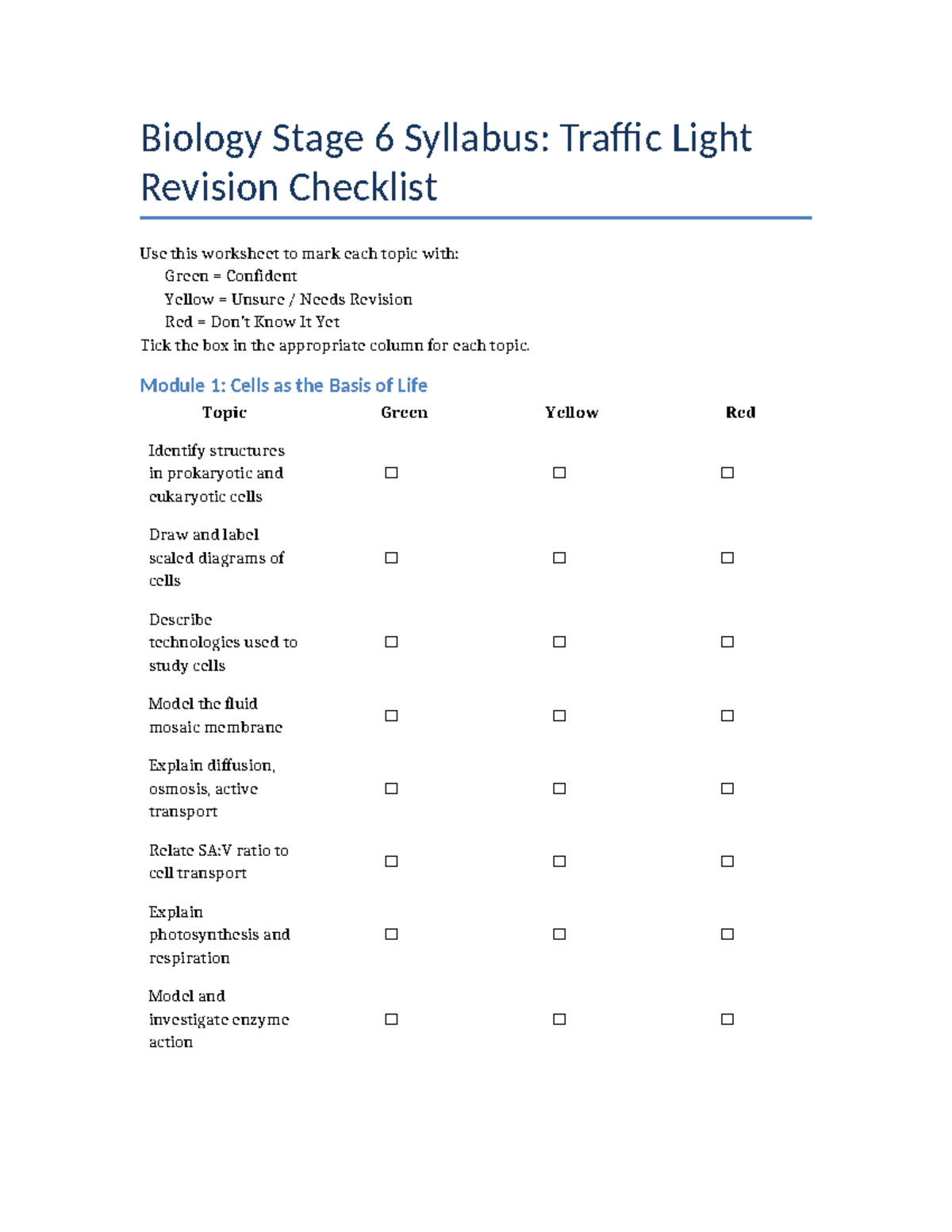 Biology Stage 6 Traffic Light Revision Checklist (Year 11-12) - Studocu