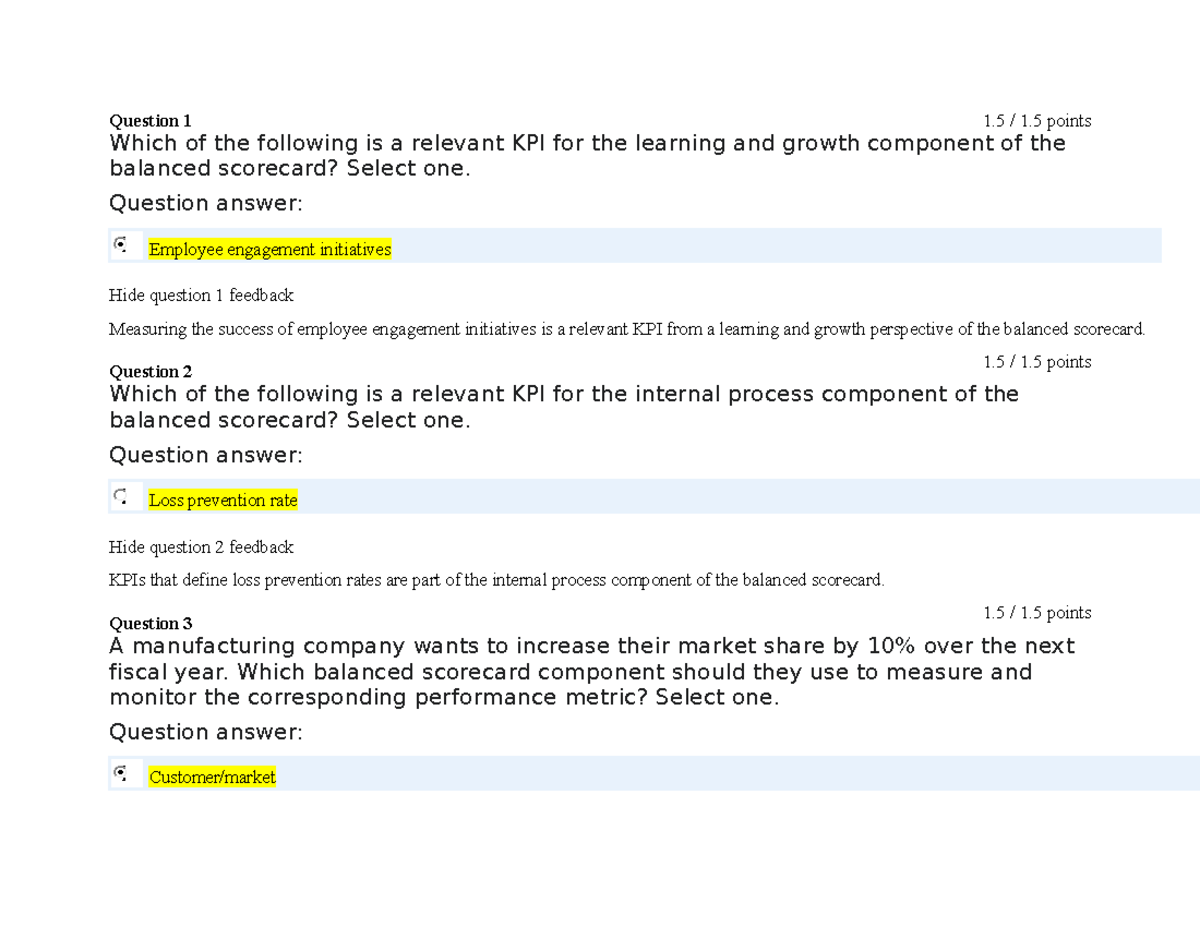 MBA 620 2-1 Quiz - Balanced Scorecard KPIs and Metrics - Studocu
