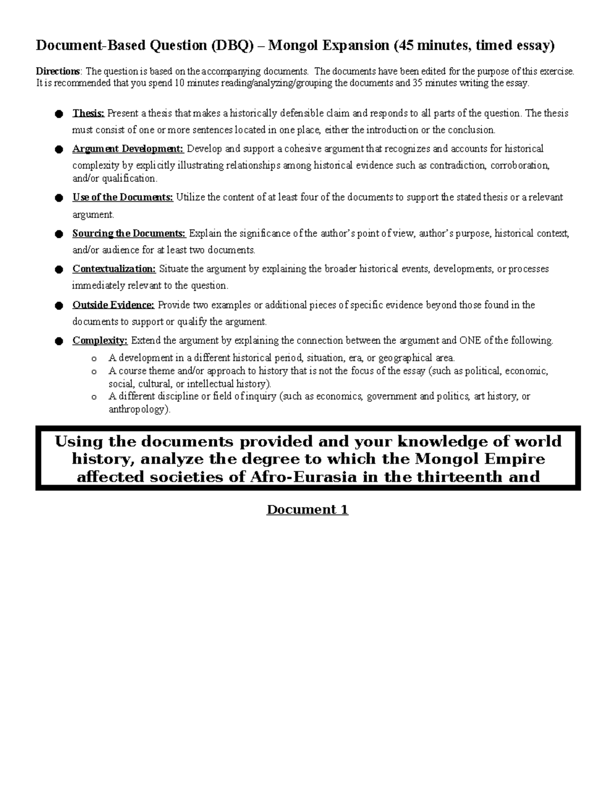 DBQ: Analyzing Mongol Expansion's Impact on Societies (Timed Essay ...