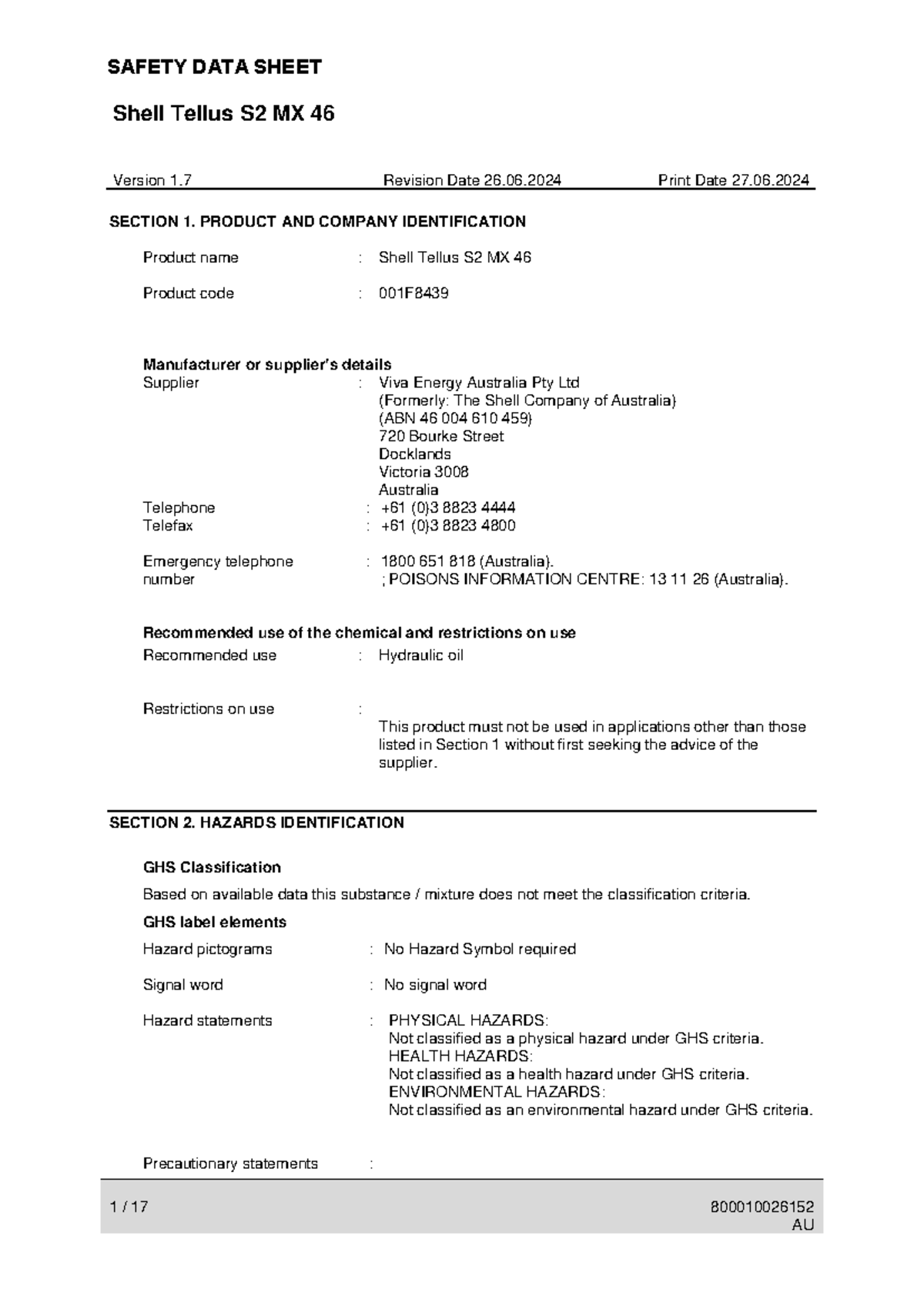 Shell Tellus S2 MX 46 Safety Data Sheet Overview - Studocu