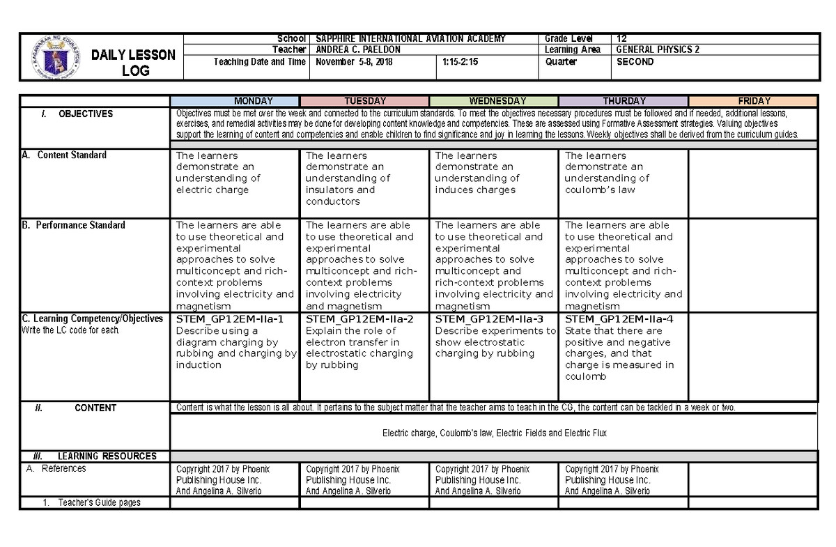 DAILY LESSON LOG: GENERAL PHYSICS 2 (Quarter 12) - Studocu
