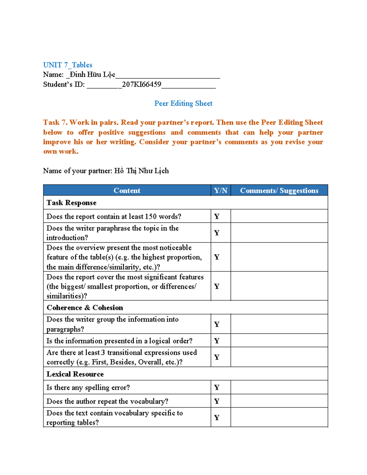 Peer Editing Sheet for Report Writing Task 7 (207KI66459) - Studocu