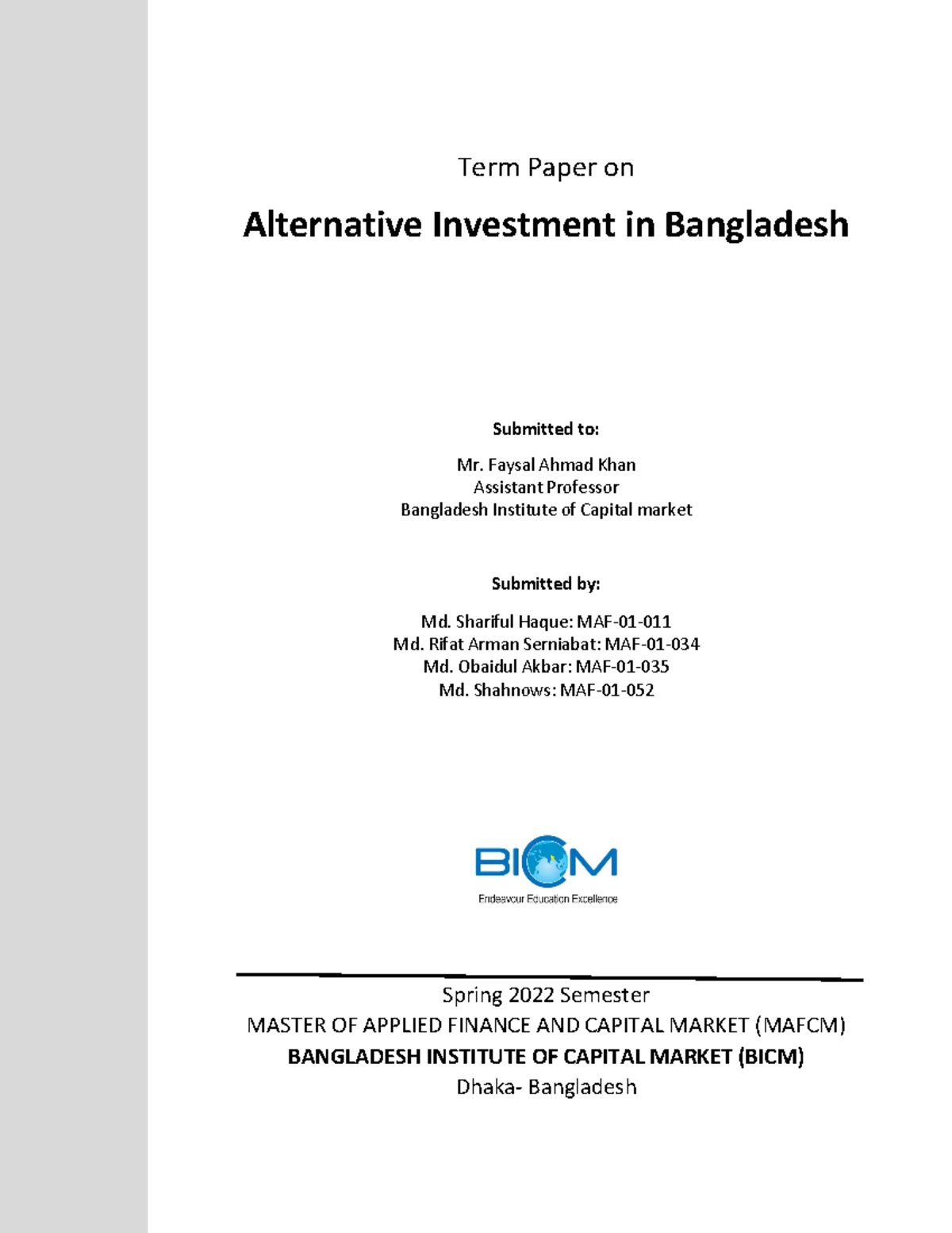 Term Paper 603 AIF - Assignment - Term Paper on Alternative Investment ...