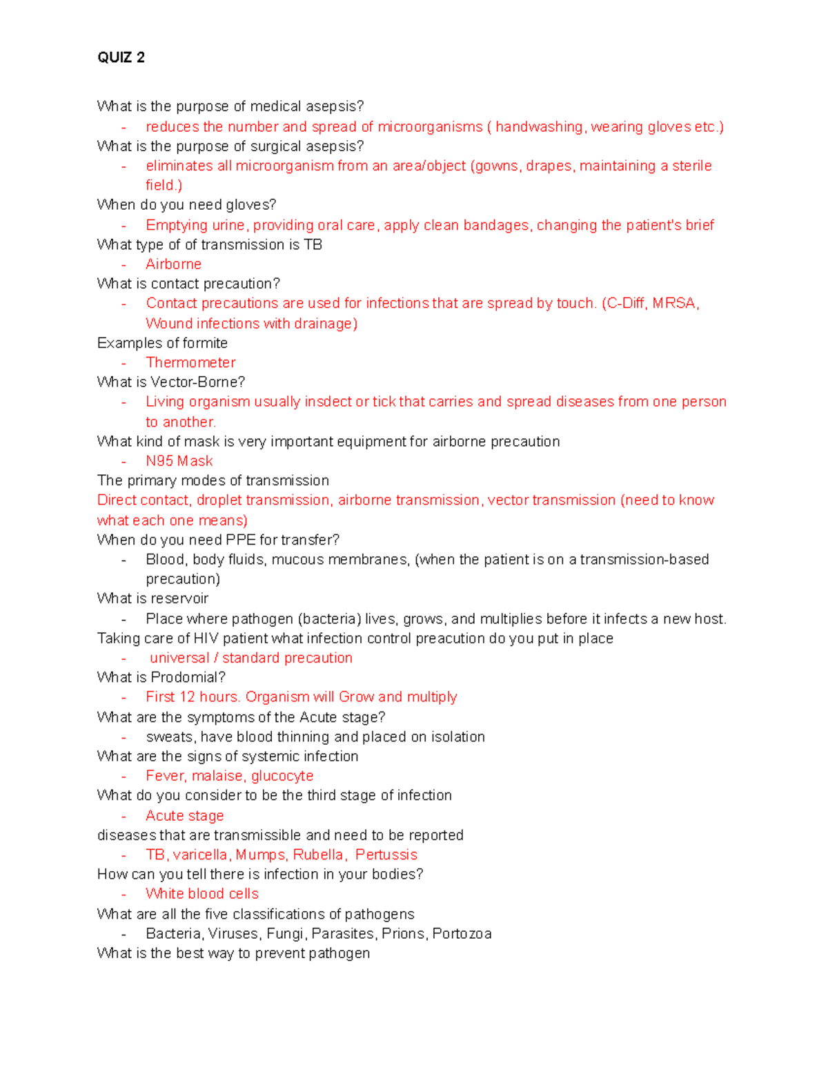 QUIZ 2: Infection Control & Asepsis Study Guide - Lecture - Studocu