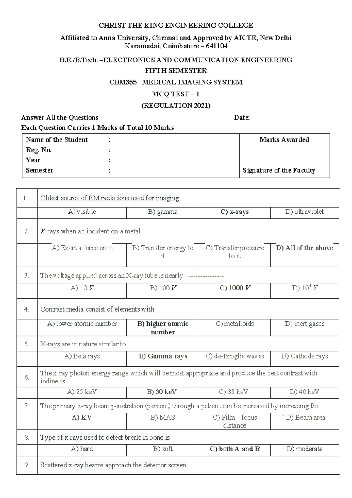 MIS-UNIT-1: Medical Imaging System MCQ Test 1 (Reg. 2021) - Studocu