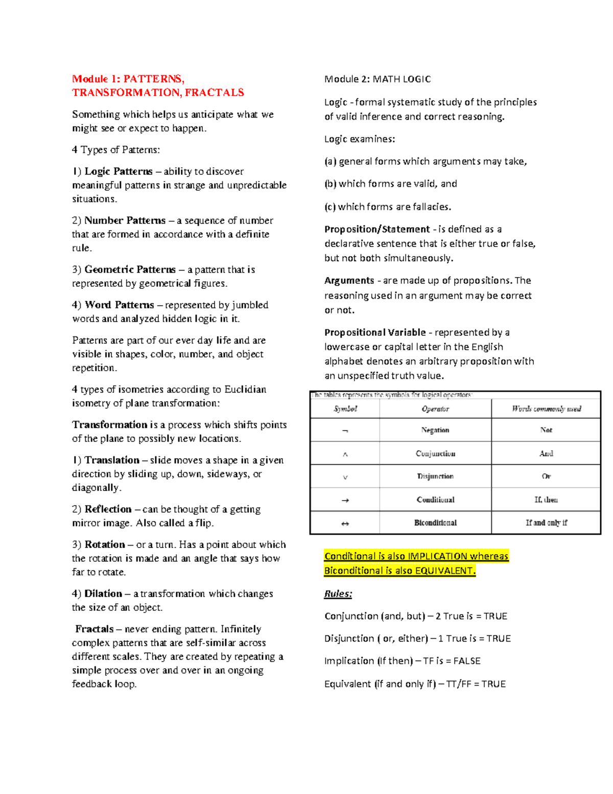 MMW Patterns and Math Logic - Module 1: PATTERNS, TRANSFORMATION, FRACTALS Something which helps ...