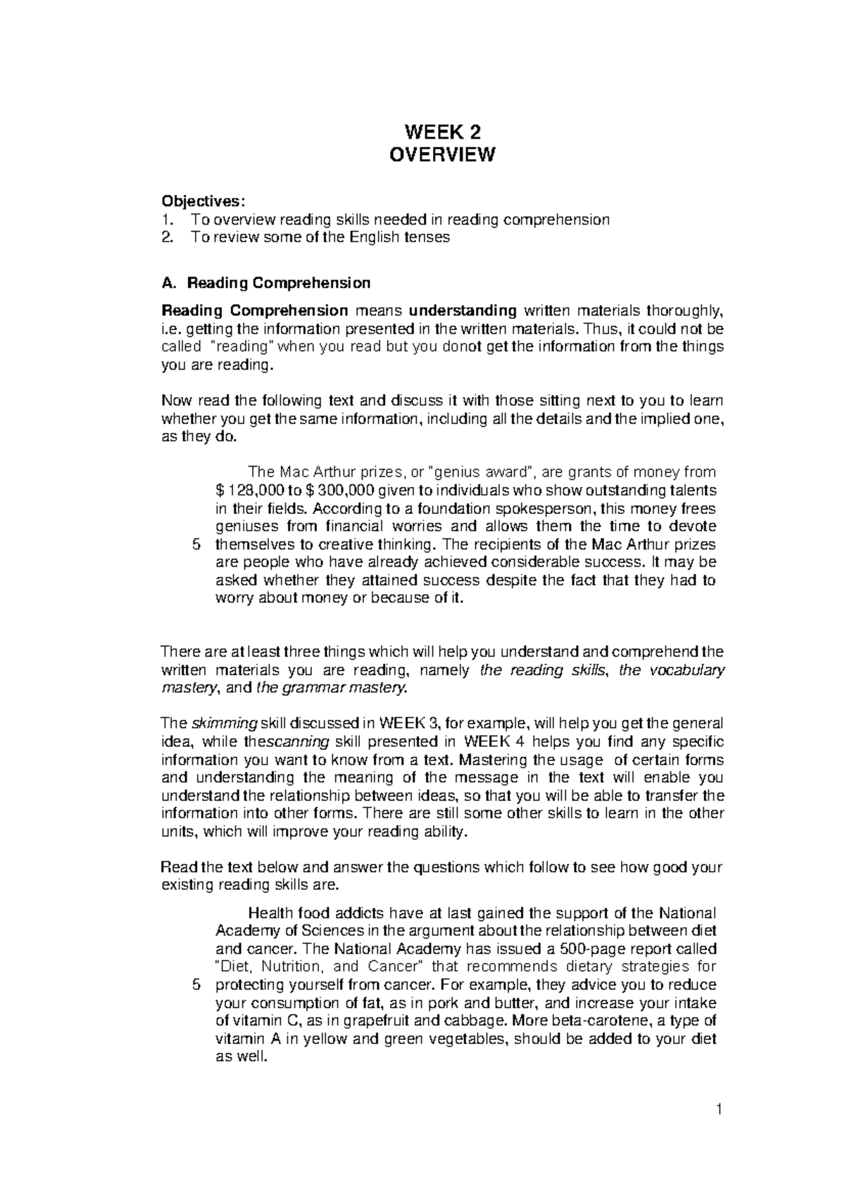 Week 2 Overview: Reading Skills & English Tenses Review - Studocu