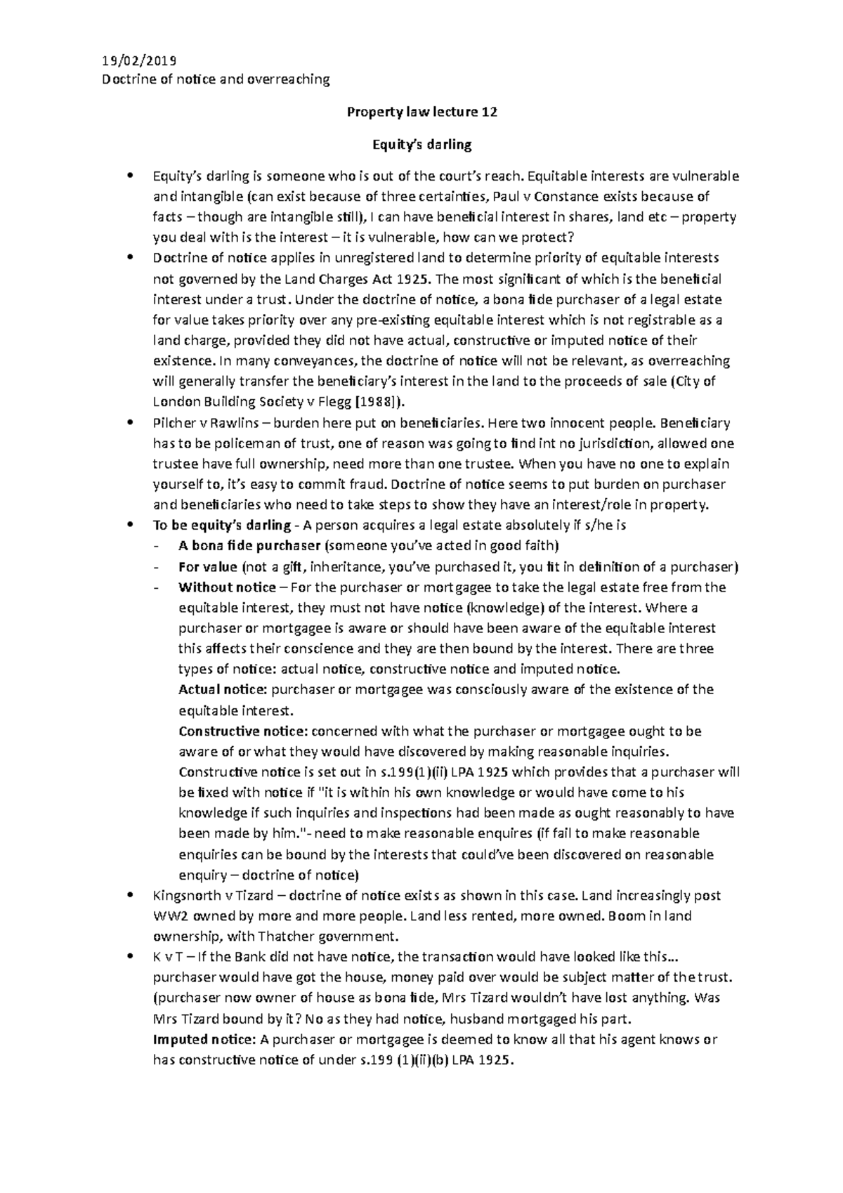 Property law lecture 12 - 19/02/ Doctrine of notice and overreaching ...