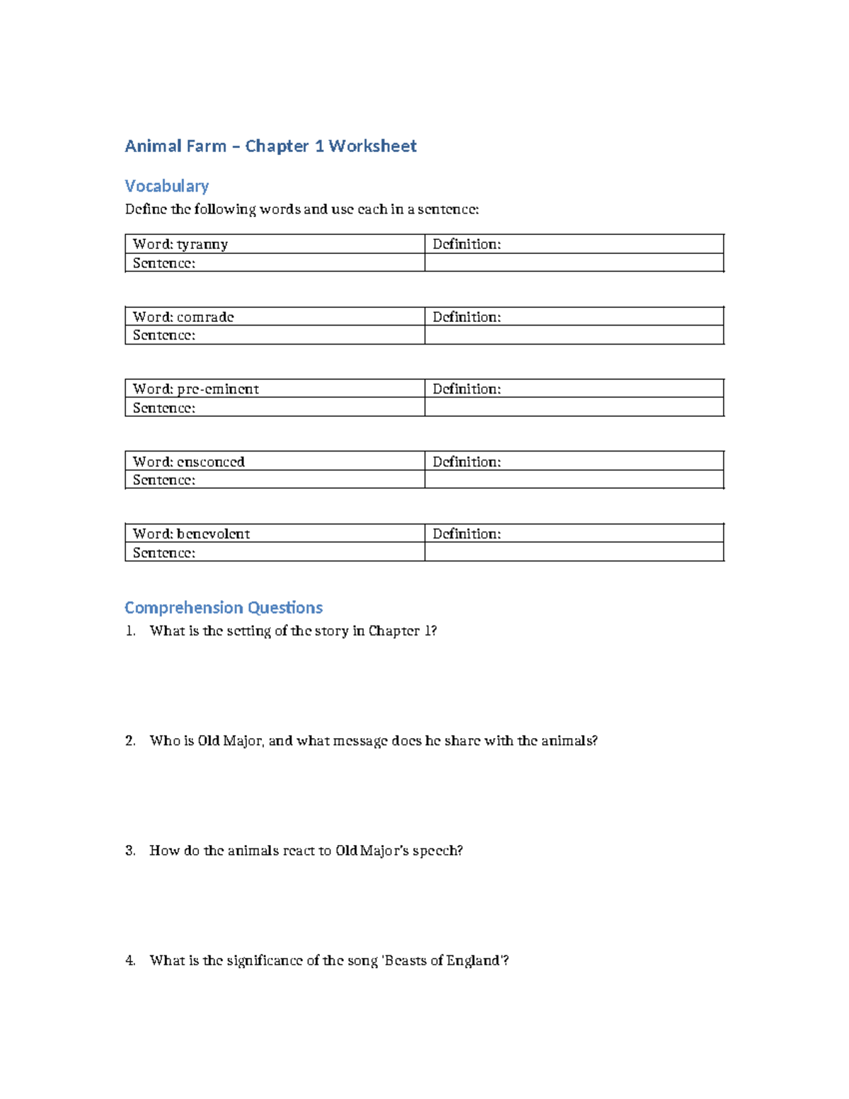 Animal Farm (ENG101) Chapter 1 Enhanced Vocabulary Worksheet - Studocu