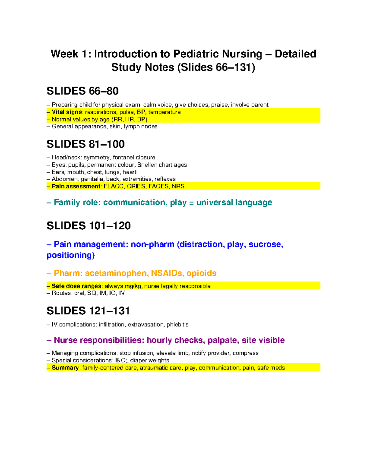 Week 1: Pediatric Nursing Study Notes (Slides) Part 2 - Studocu