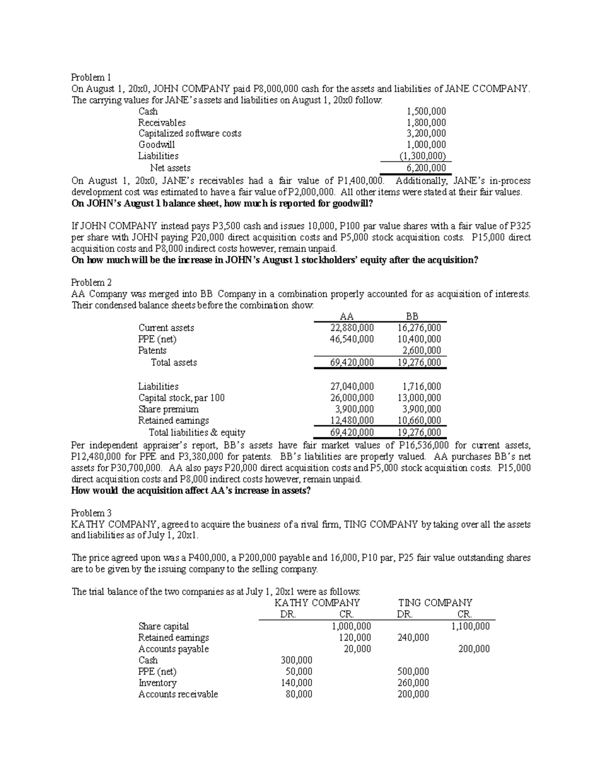 Merger Accounting Problems - eFWOU: Goodwill and Equity Analysis - Studocu