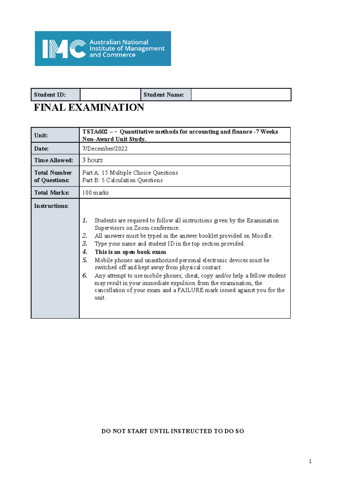 TSTA602 NA Exam Answer Booklet 2022 Term 5 - FINAL EXAMINATION DO NOT ...