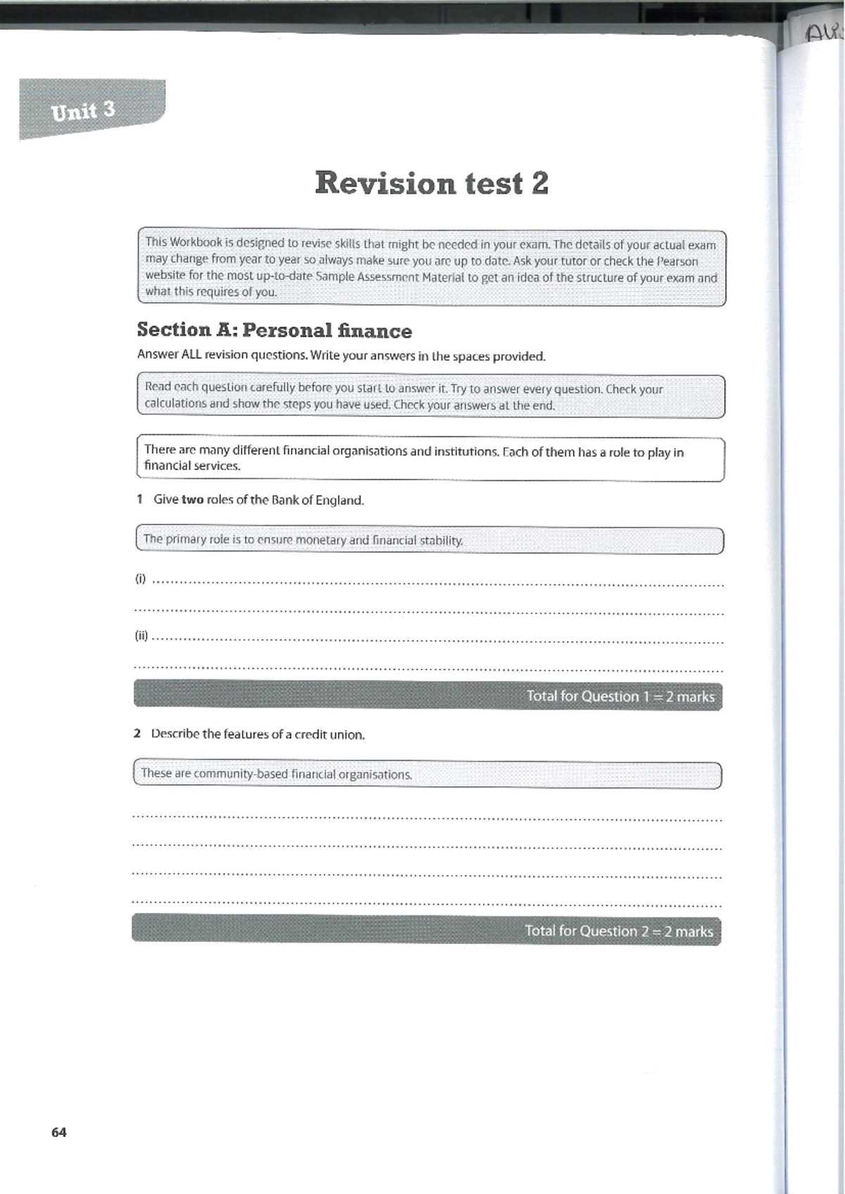 Unit 3 Revision Workbook: Personal & Business Finance Test 2 - Studocu
