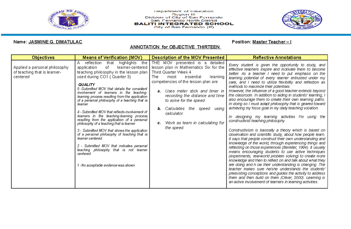 Objective 13 DLP1 annotations principles of teaching - Name: JASMINE G ...
