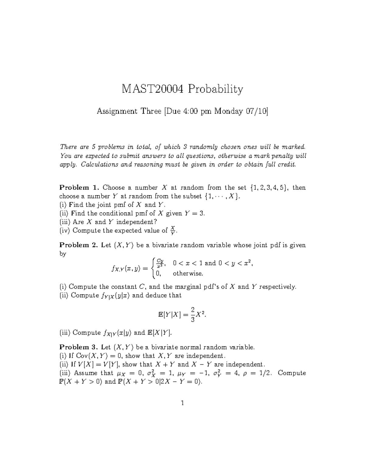 Assignment 3 Questions - MAST20004 Probability Assignment Three [Due 4: ...