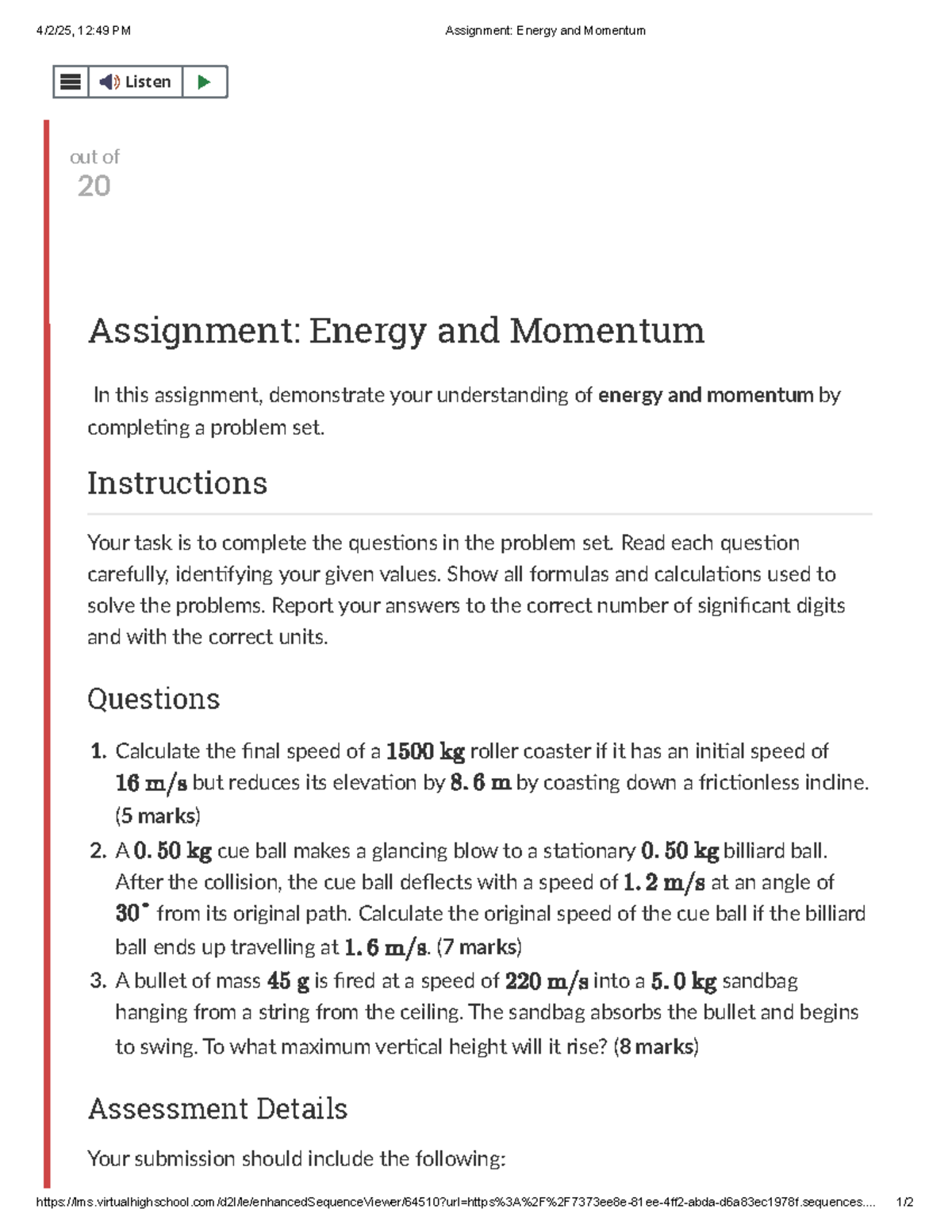 PHYS 101: Assignment on Energy and Momentum Analysis - Studocu