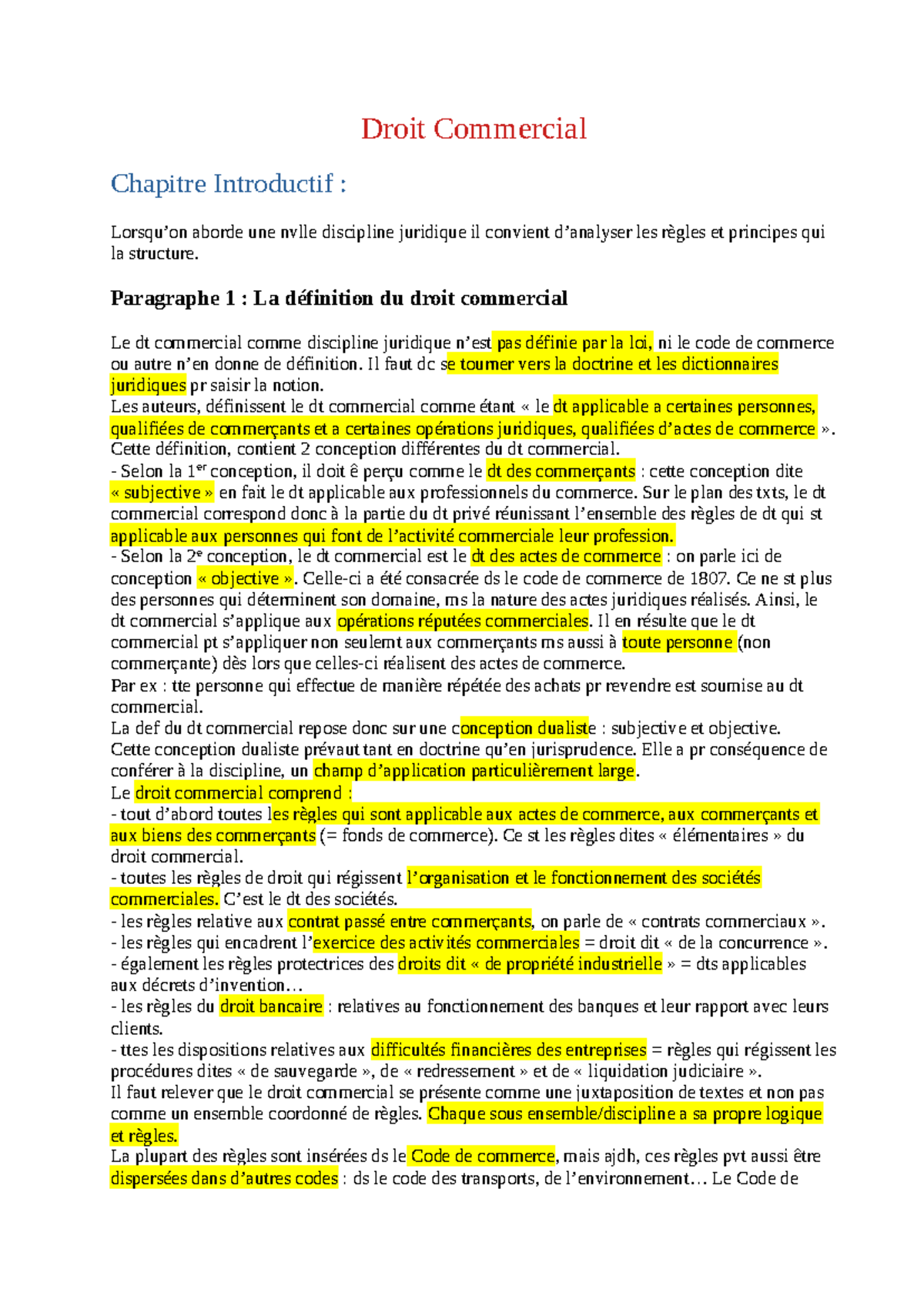 Droit Commercial - Chapitre Introductif : Définition et Actes de ...