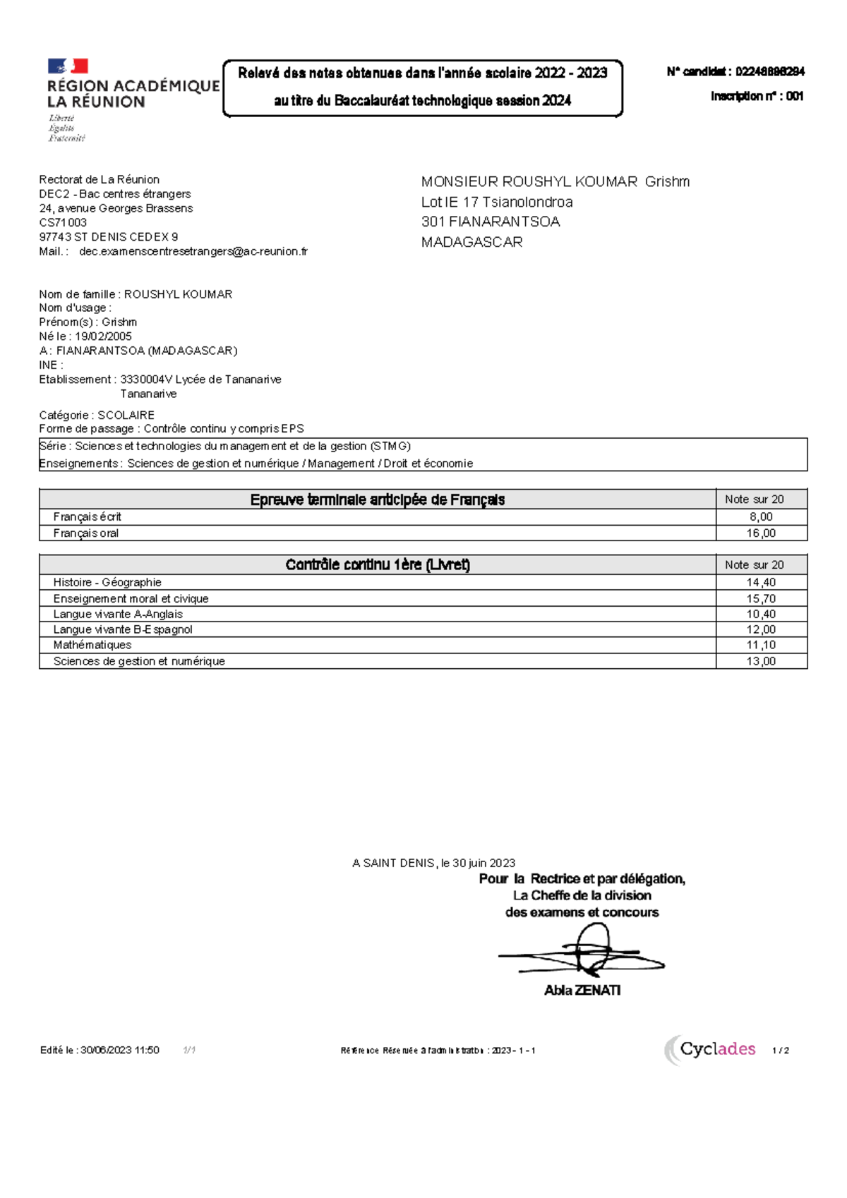 Relevé de Notes - Bac Tech 2024 (224889829400001) - Grishm ROUSHYL ...
