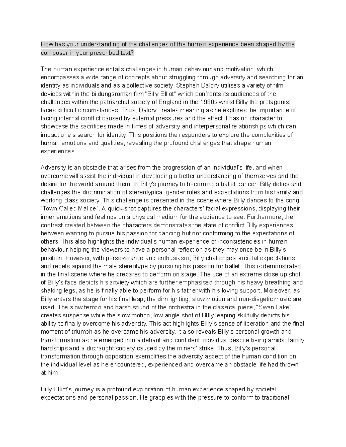 Billy Elliot Essay 2 - Band 6: Exploring Human Experience and Adversity ...
