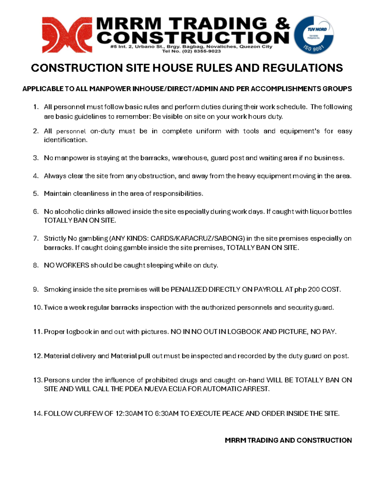 MRRM TRADING AND CONSTRUCTION SITE RULES AND REGULATIONS - Studocu