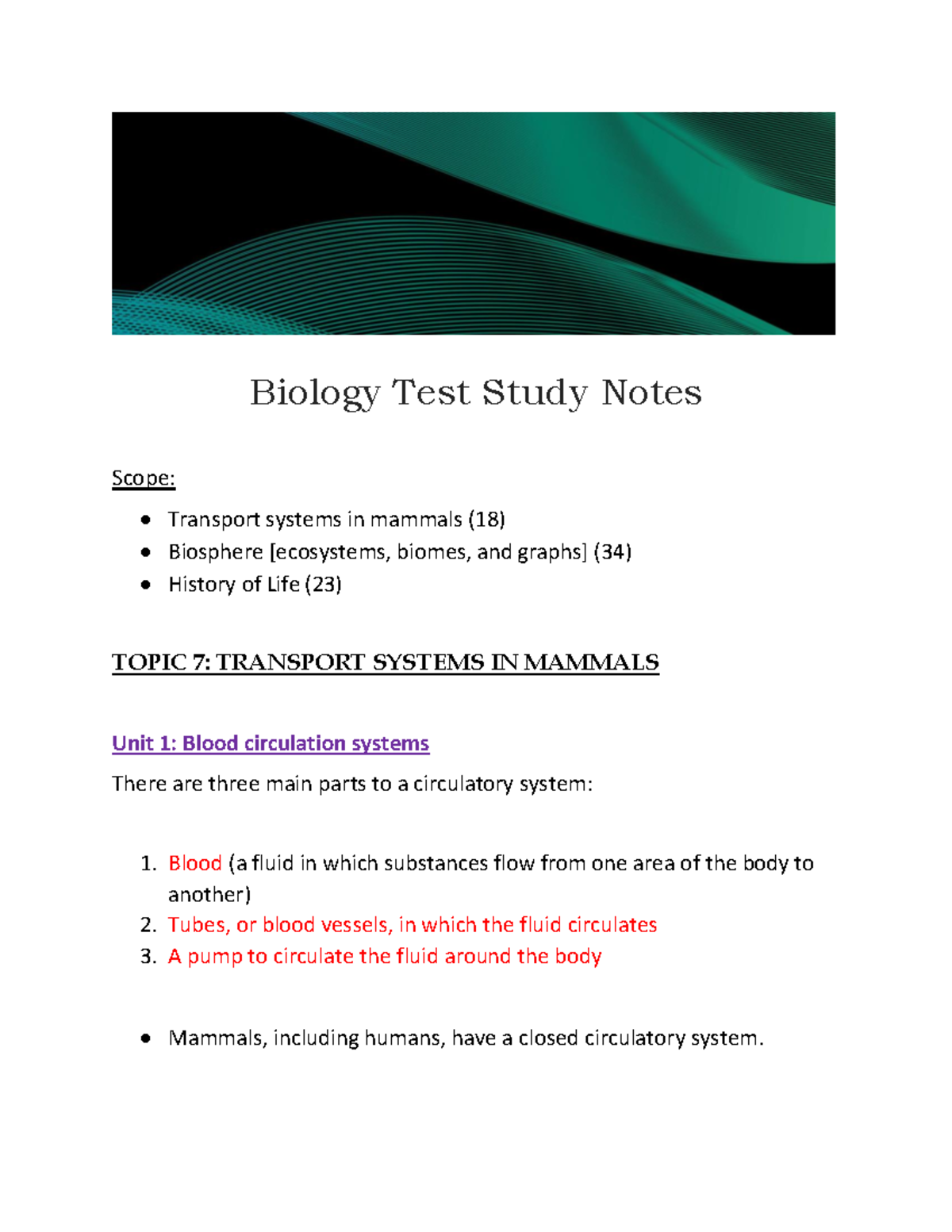 Grade 10 Biology Test Study Notes: Transport Systems & Ecosystems - Studocu