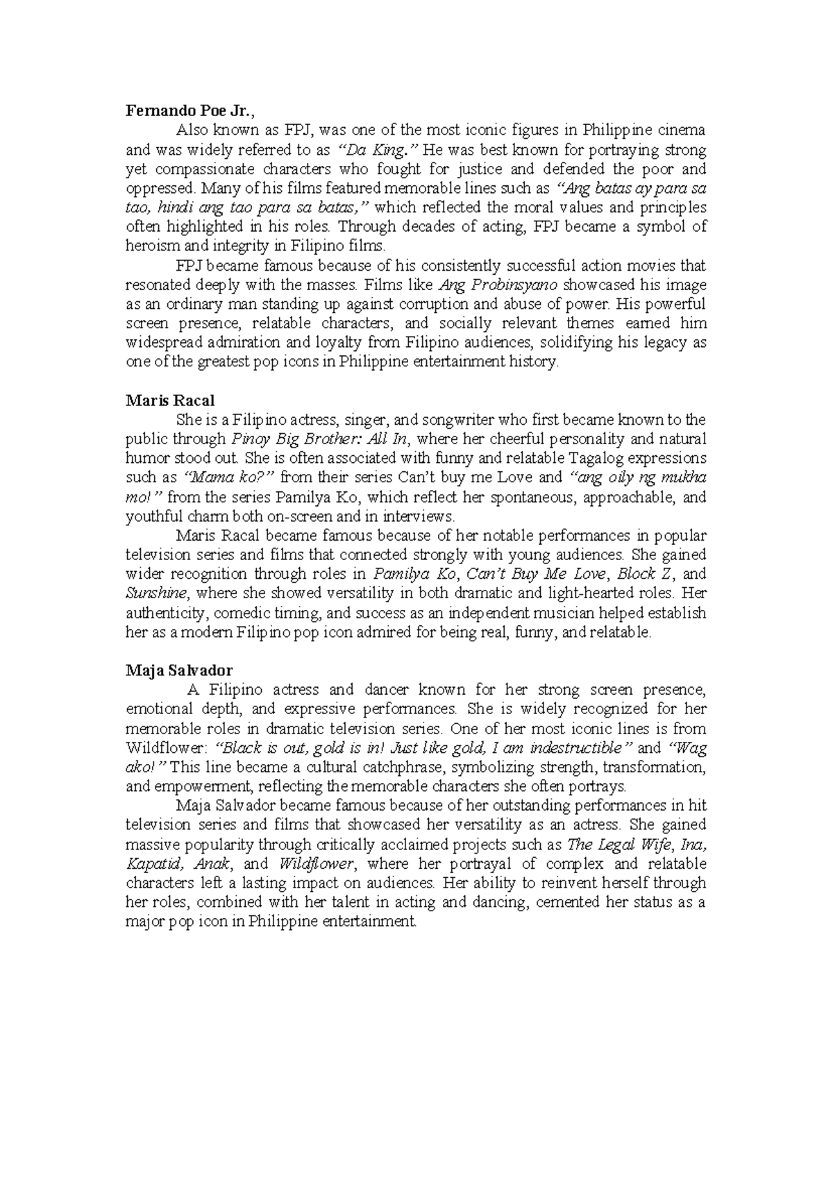 POP Icons: Iconic Lines and Legacies in Philippine Entertainment - Studocu