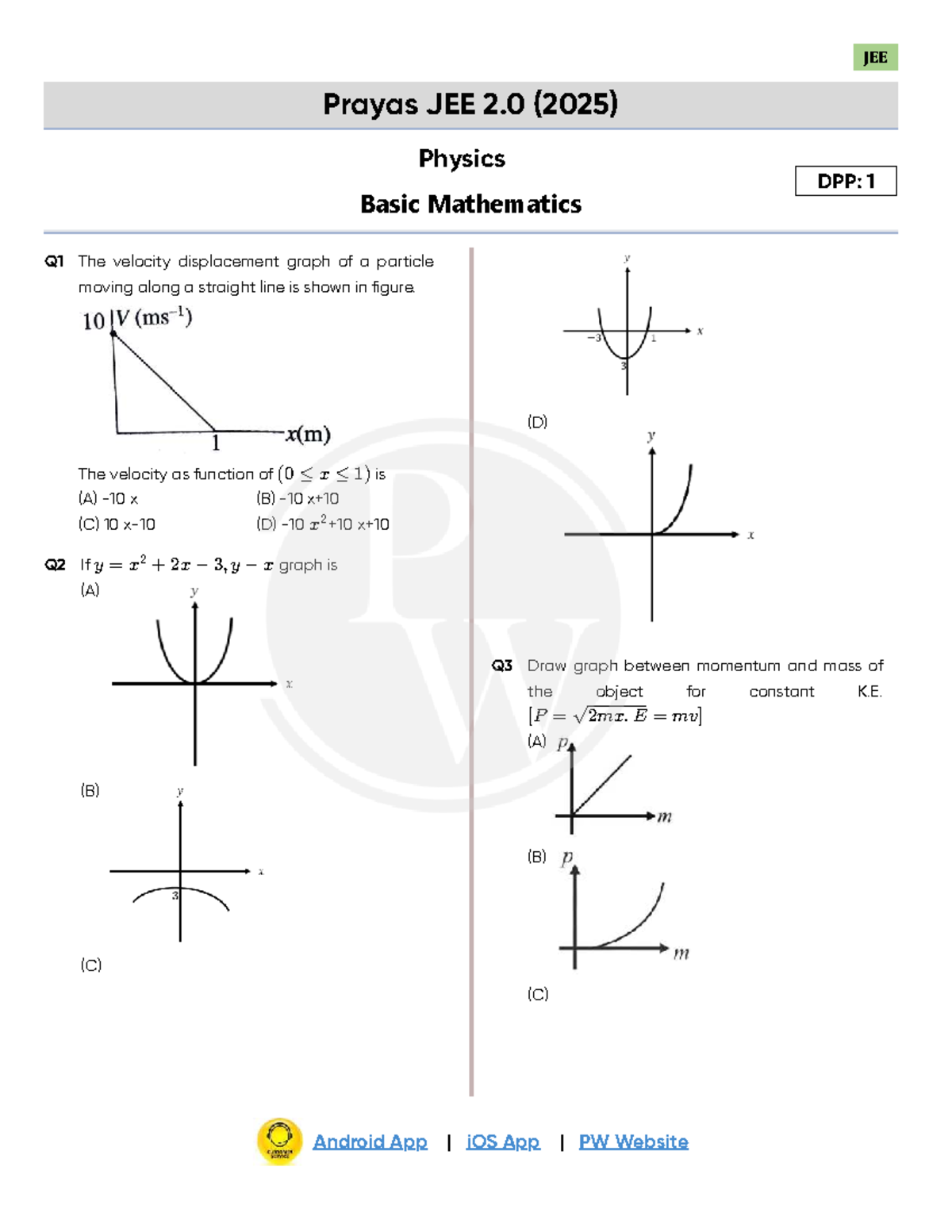 JEE Prayas JEE 2.0 (2025) Physics DPP: Basic Math & Graphs Analysis ...