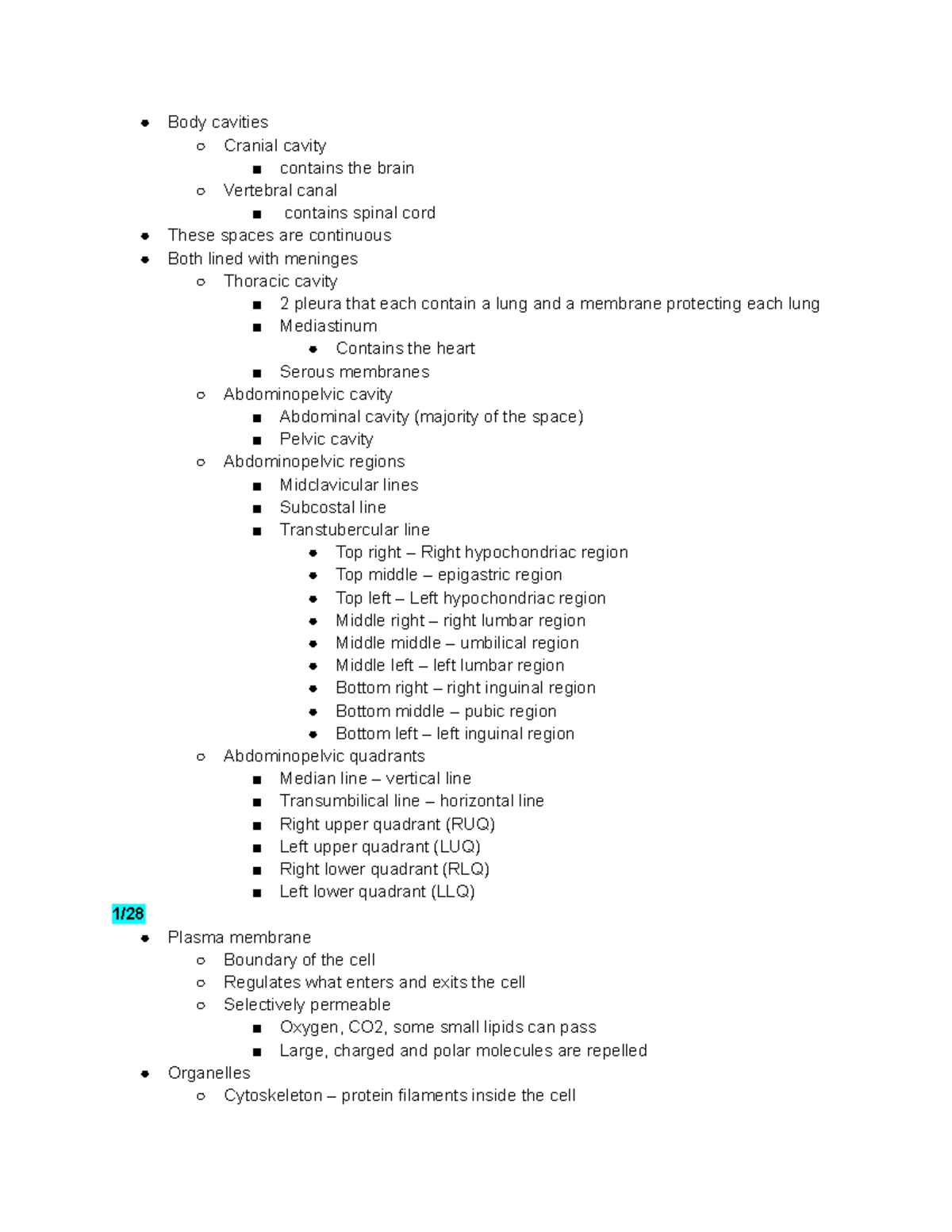 Lecture Notes on Body Cavities and Cell Structure - Studocu