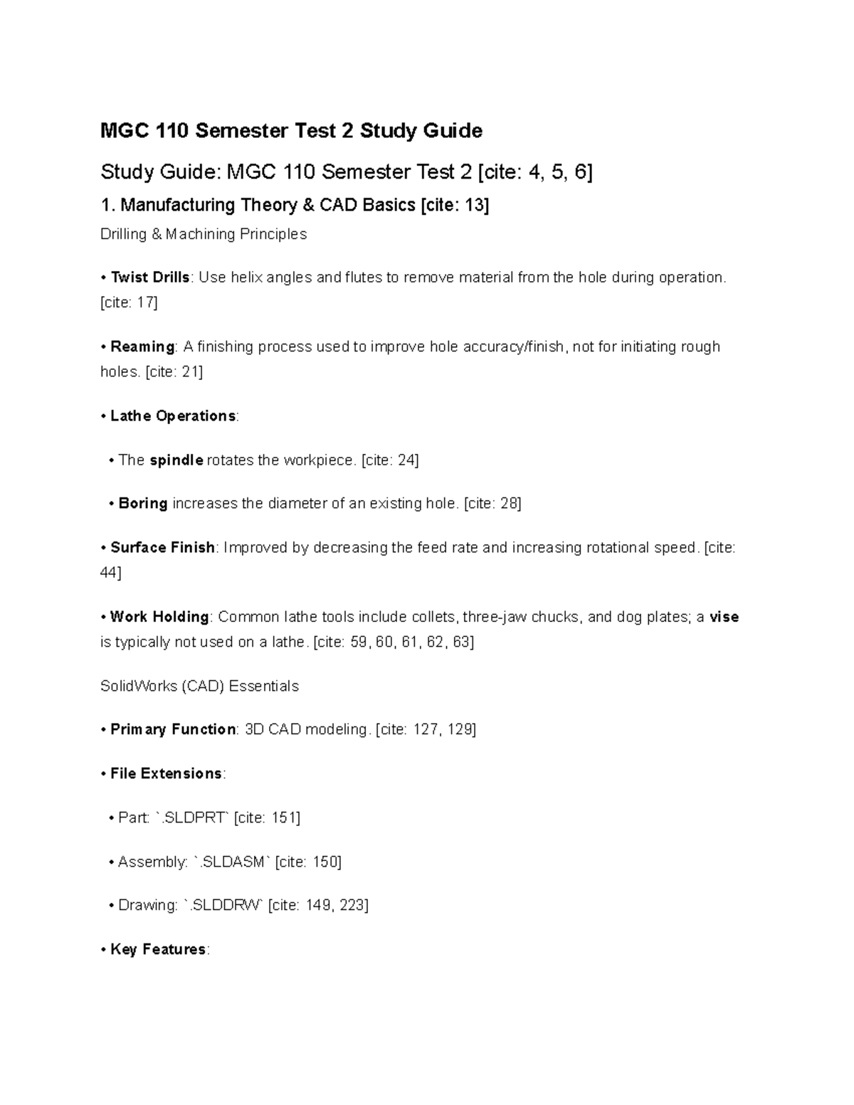 MGC 110 Semester Test 2 Study Guide: Manufacturing Theory & CAD Basics ...
