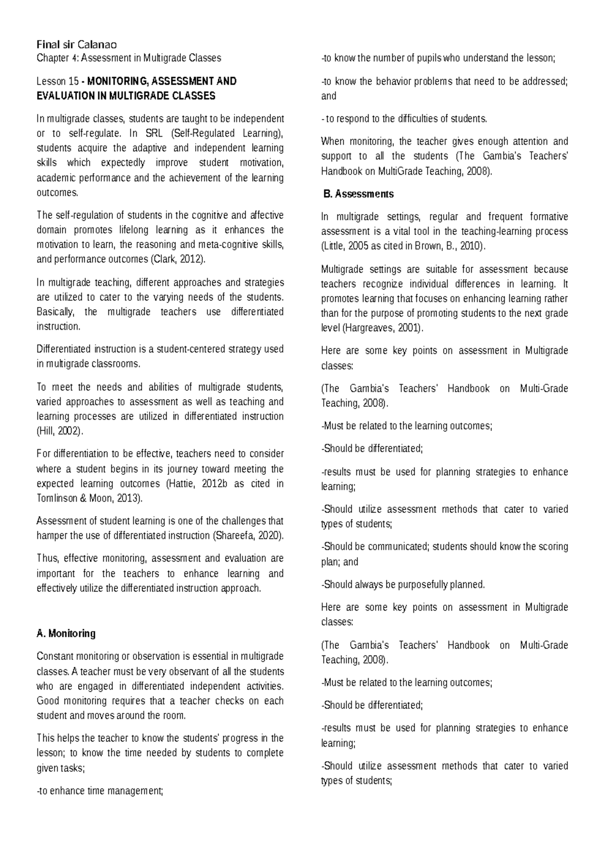 Final Exam: Assessment Strategies in Multigrade Classes (EDU 101) - Studocu