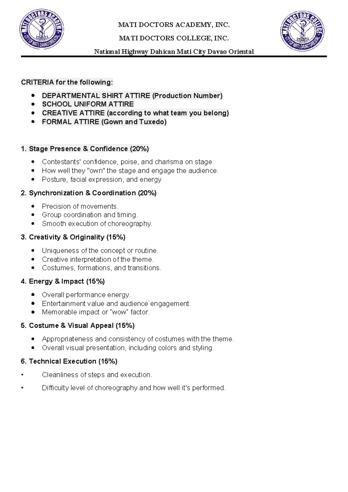 MATI DOCTORS ACADEMY Judging Criteria for Attire Segments - Studocu