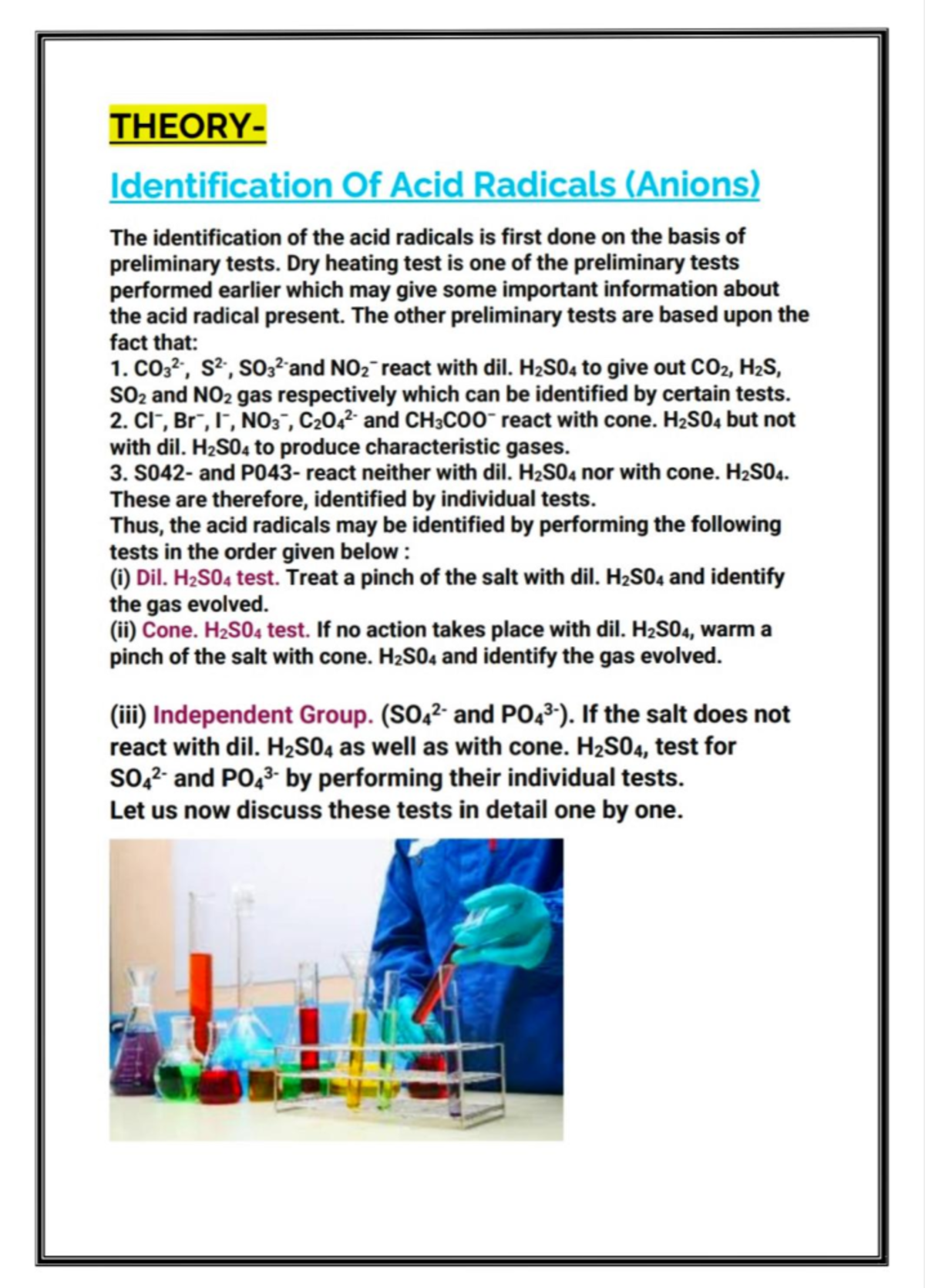 CHEM 101: Identification of Acid Radicals (Anions) - Theory Notes - Studocu