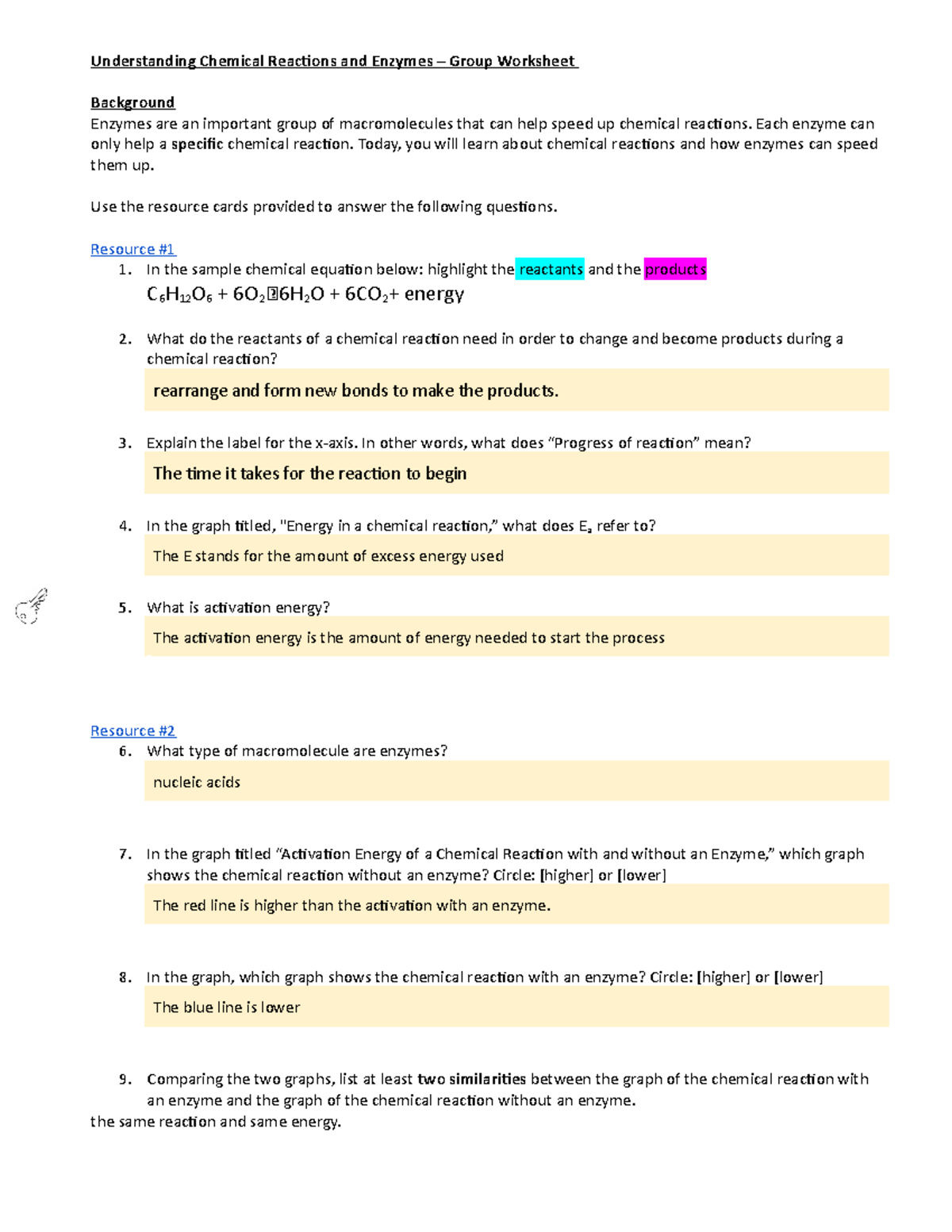 Enzymes And Chemical Reactions Worksheet Metabolism: Energy And