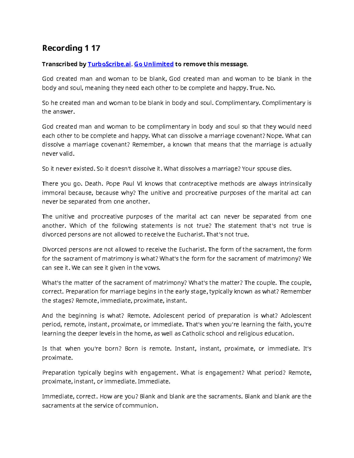 Recording 1 17 - Marriage and Sacraments Overview - Studocu