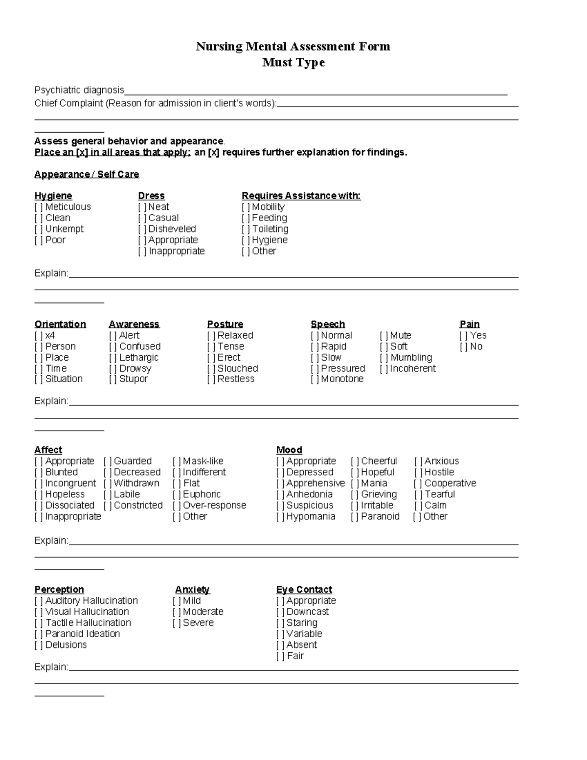 Nursing MSE Assessment Form: Psychiatric Evaluation Guide - Studocu