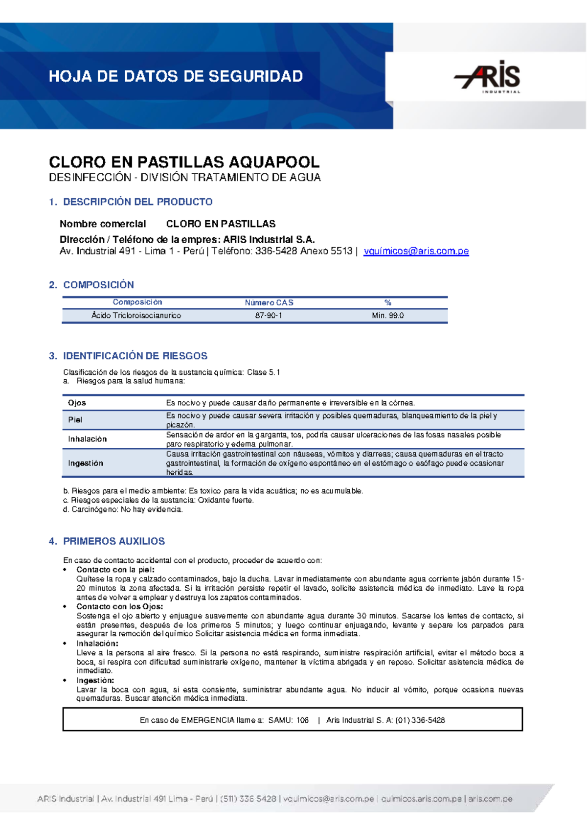 5 HS AQUA POOL - Hoja de Seguridad del Cloro en Pastillas - Studocu