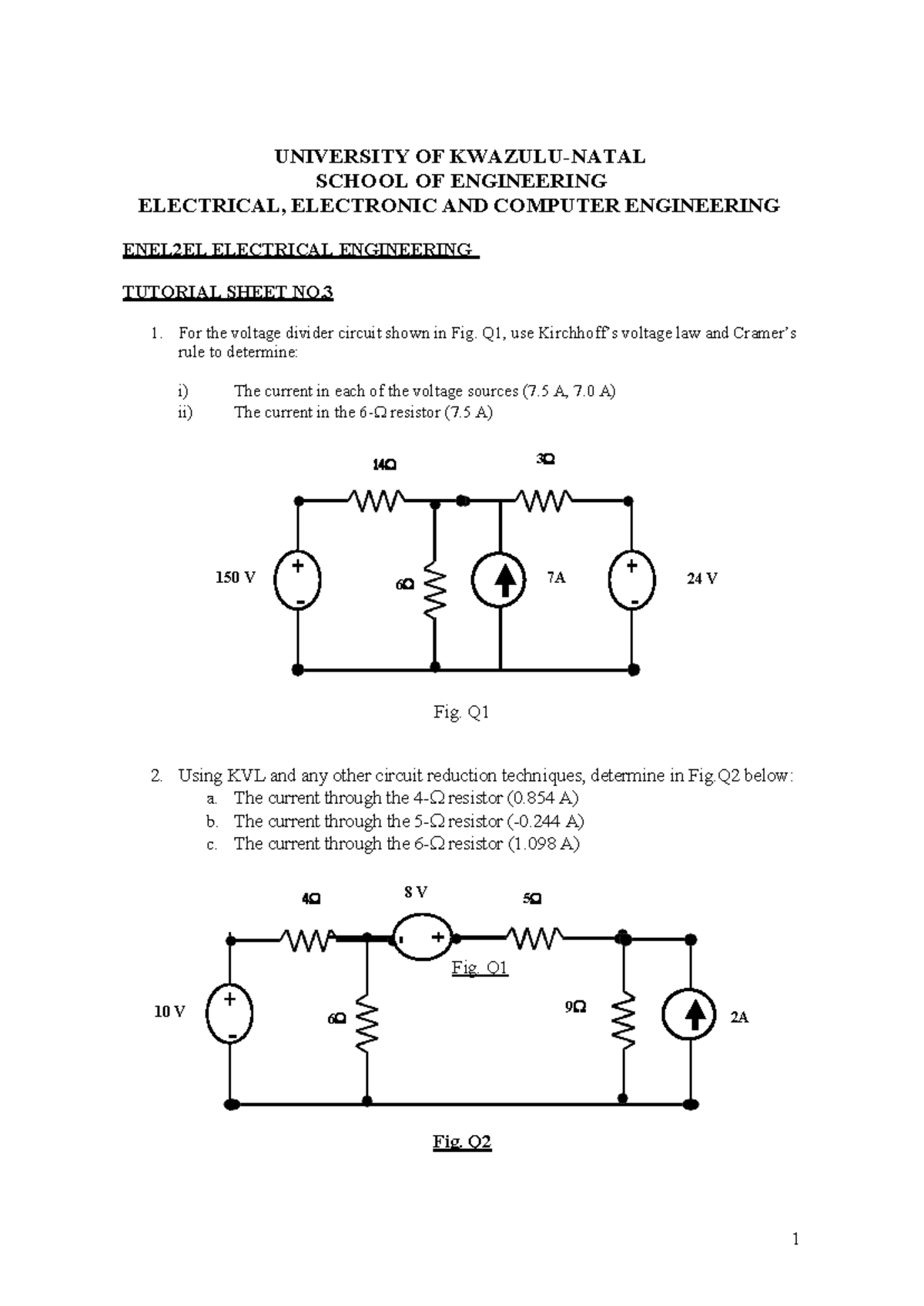 ENEL2EL Electrical Engineering Tutorial Sheet No.3 - KCL Examples - Studocu