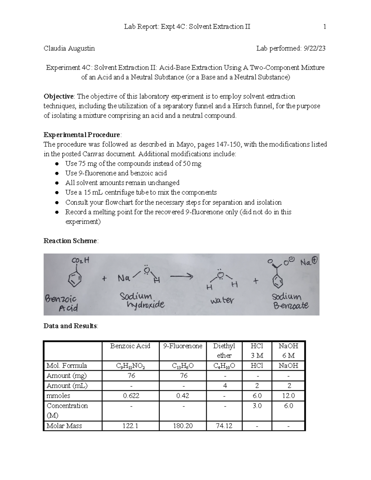 Lab Report 3: Expt 4C - Acid-Base Extraction via Solvent Extraction II - Studocu