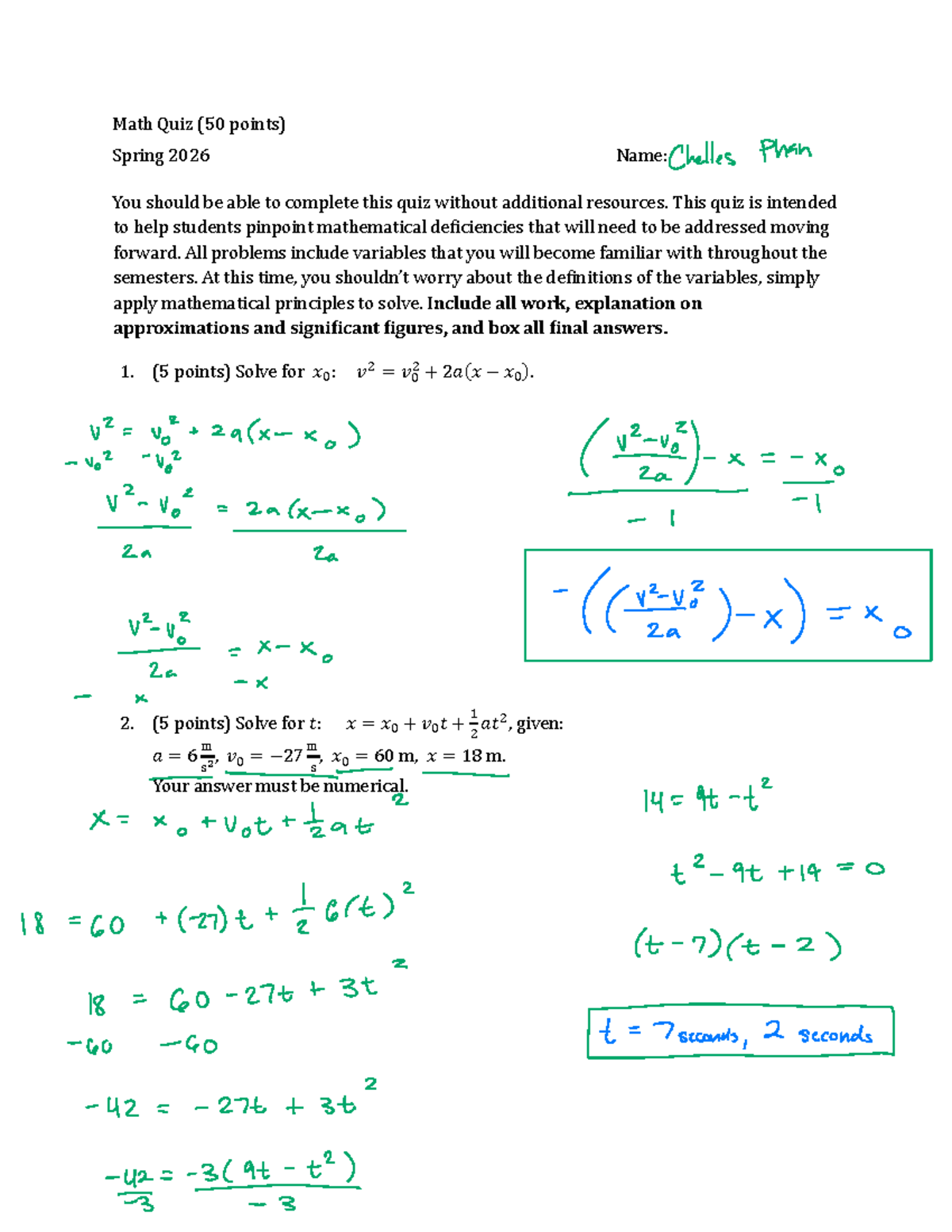 Math Quiz (50 Points) - Spring 2026 - Challes - Studocu