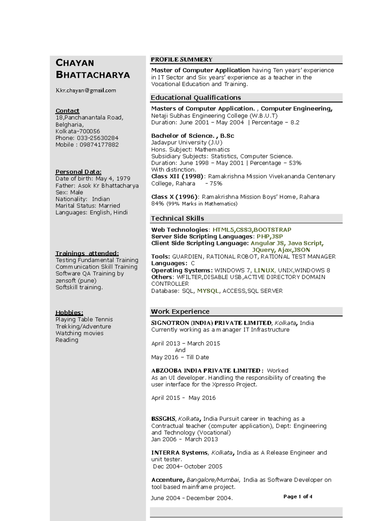 Resume of Chayan Bhattacharya – Master of Computer Application - Studocu