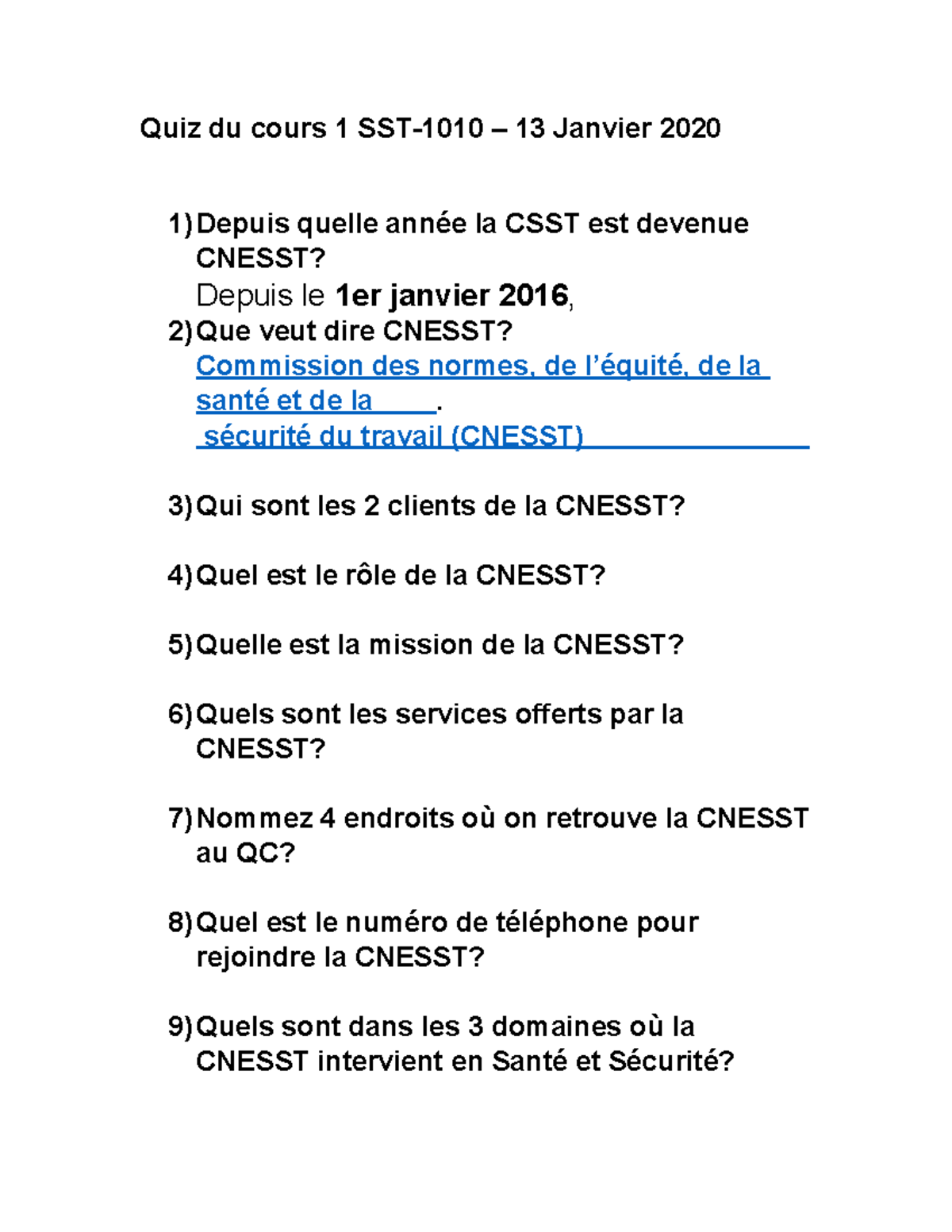 Quiz SST-1010: Cours 1 - CNESST et Santé au Travail - Studocu