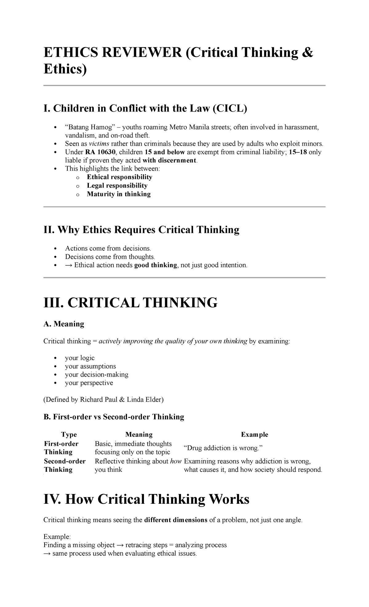 ETHICS REVIEWER (Critical Thinking Ethics) - Key Concepts and Issues ...