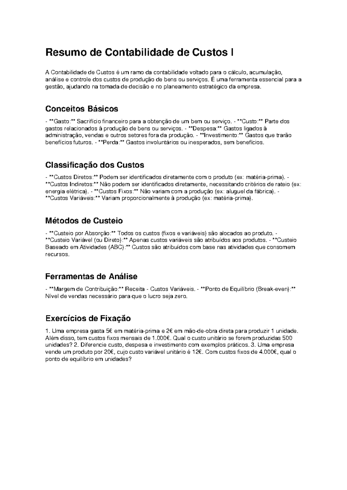 Resumo de Contabilidade de Custos I: Conceitos e Análise - Studocu