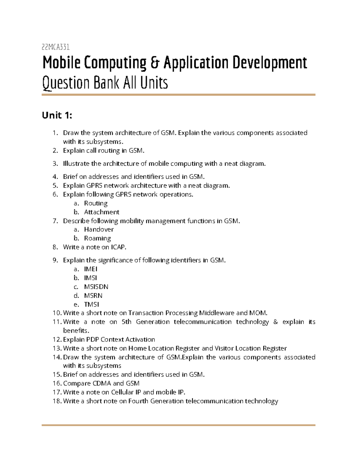 22MCA331 Mobile Computing & App Dev Question Bank - All Units - Studocu