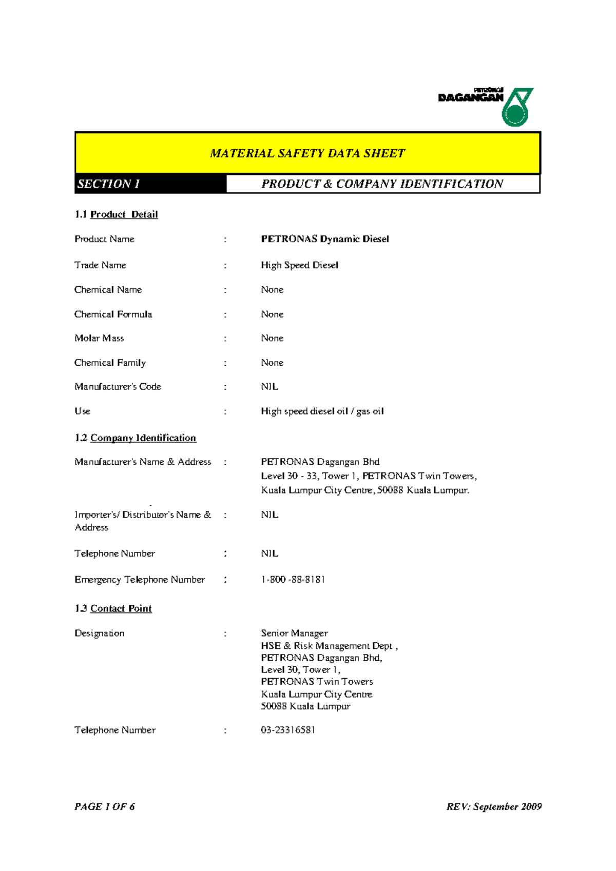 Msds for dynamic diesel (petronas) - product safety information - Studocu