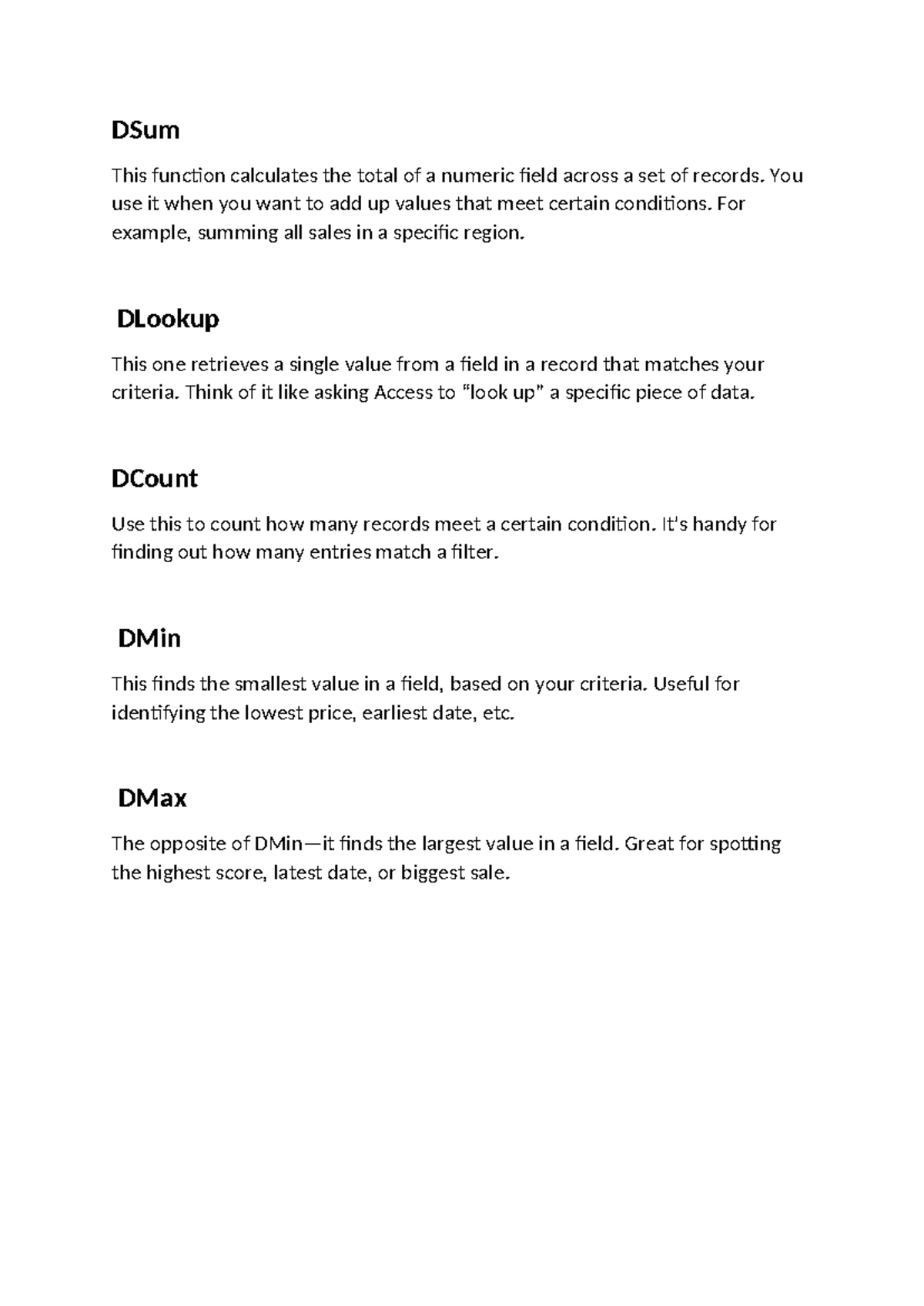 Access Functions Overview: DSum, DLookup, DCount, DMin, DMax - Studocu